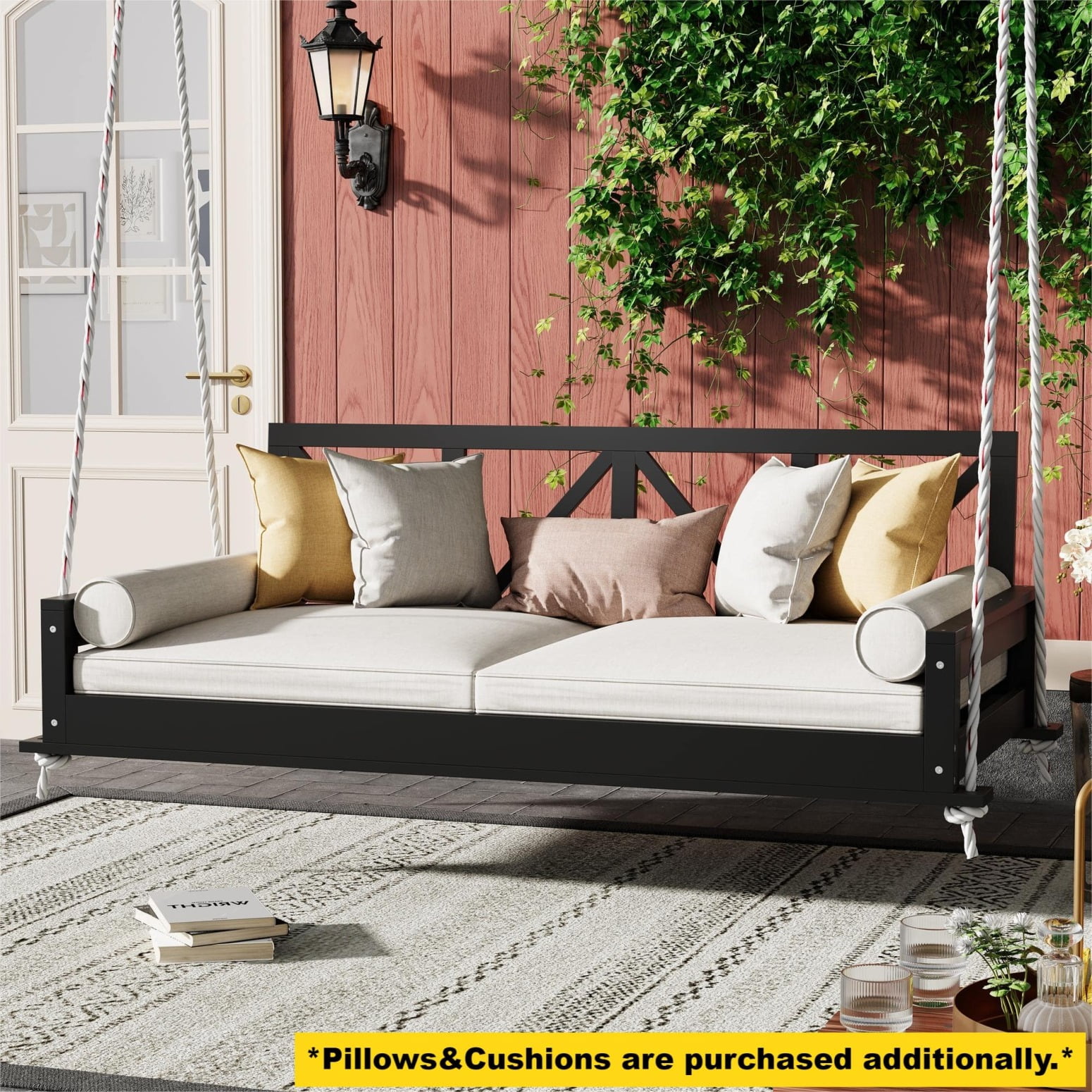 Outdoor Twin Size Swing Bed - Solid Wood Porch Daybed with Hemp Ropes ...