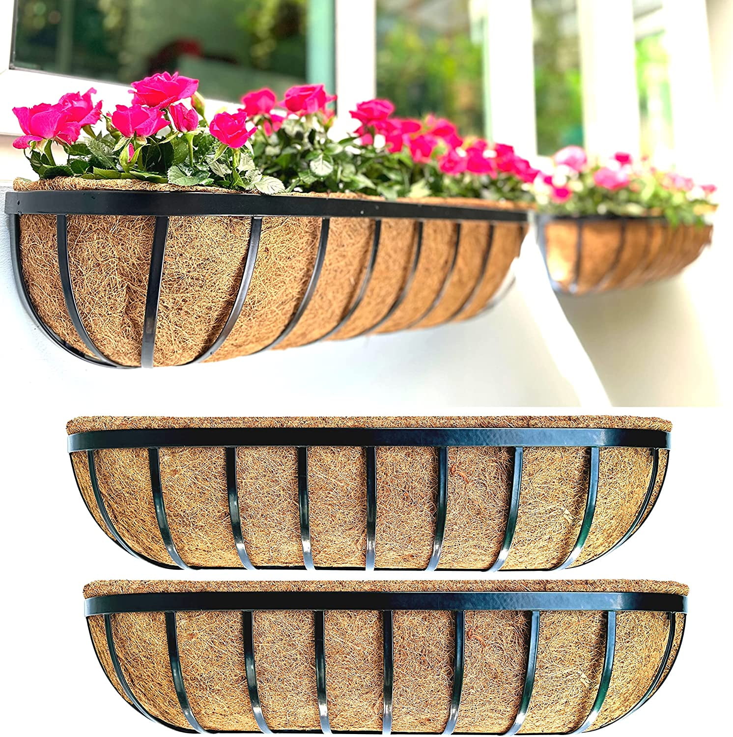 Outdoor Wall Planter - 30 Inch, 2 Pack Black Metal Window Boxes ...
