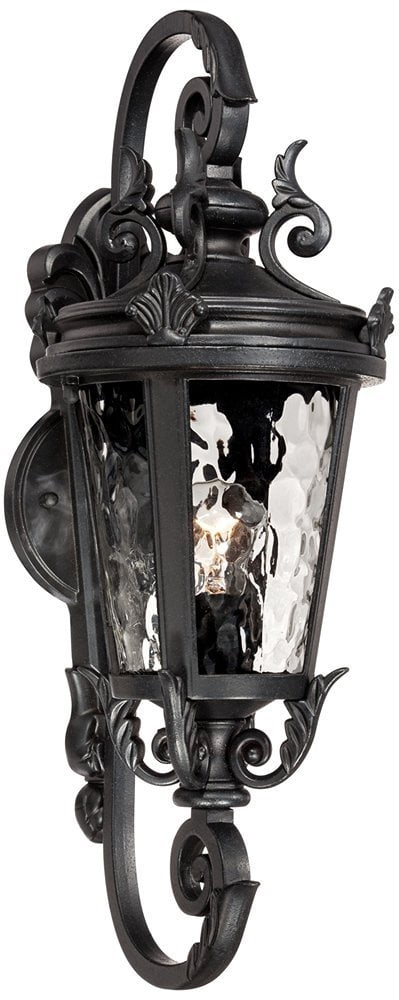 Outdoor Wall Sconce Black Steel Scroll Design 19" Clear Hammered Glass ...
