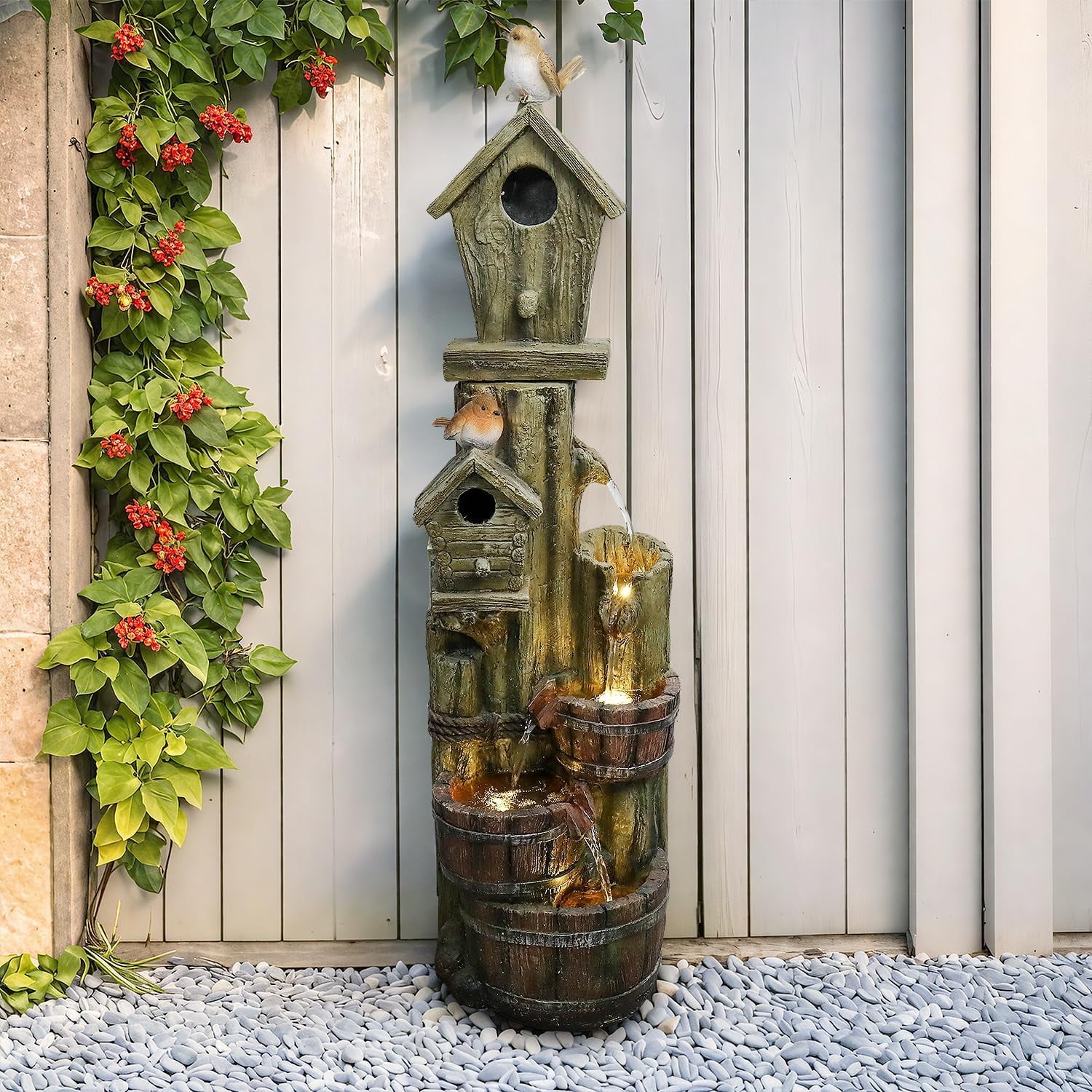 Outdoor Water Fountain with Birdhouse, 39.3inches Rustic Outdoor Water ...