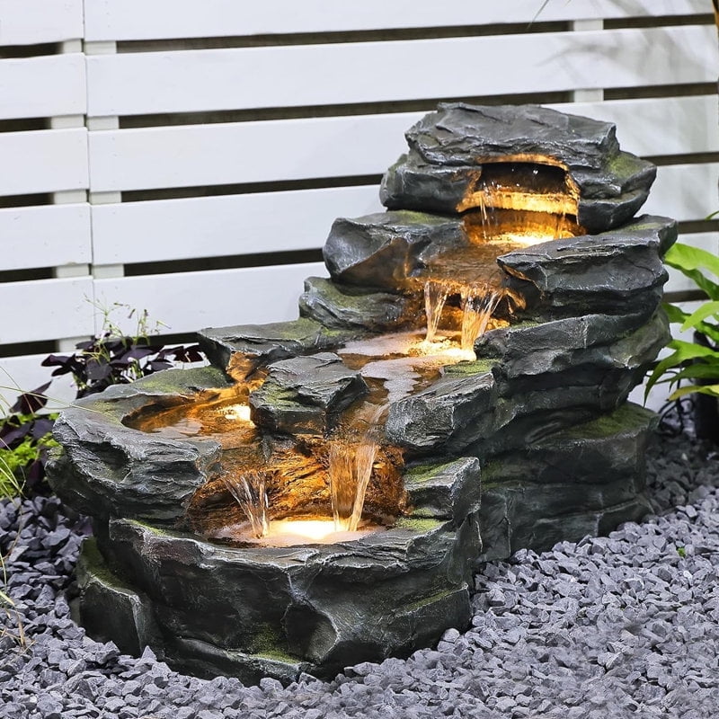 Outdoor Water Fountain Floor Standing Tiers Rock Natural Waterfall ...