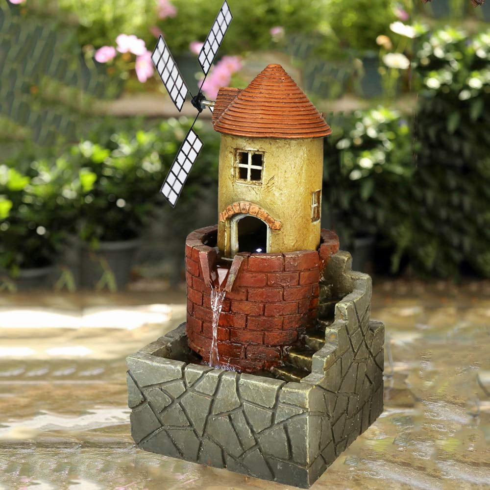 Outdoor Water Fountain With LED Lights, Windmill House with Stony Wall ...