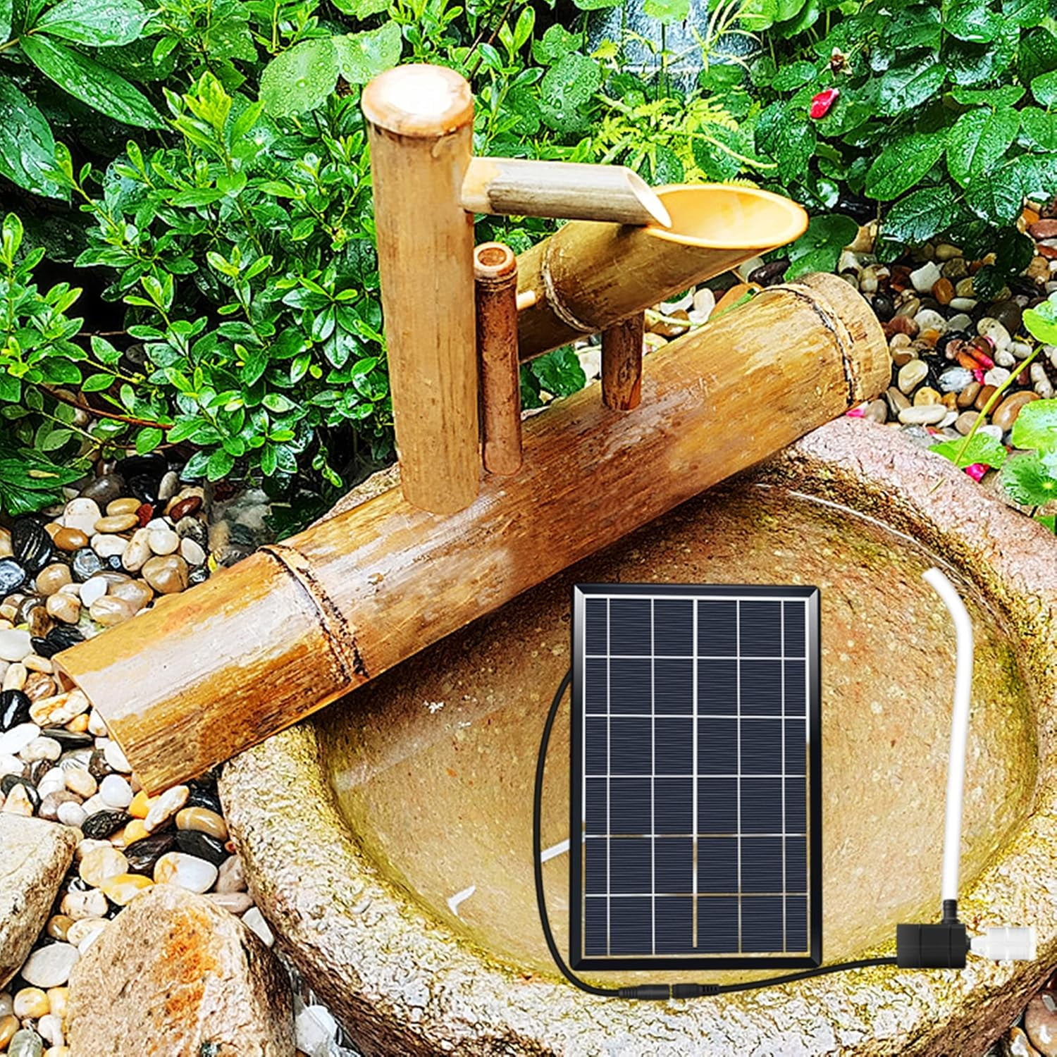 Outdoor Water Fountain Solar Powered, Bamboo Fountain with Pump & 6w ...