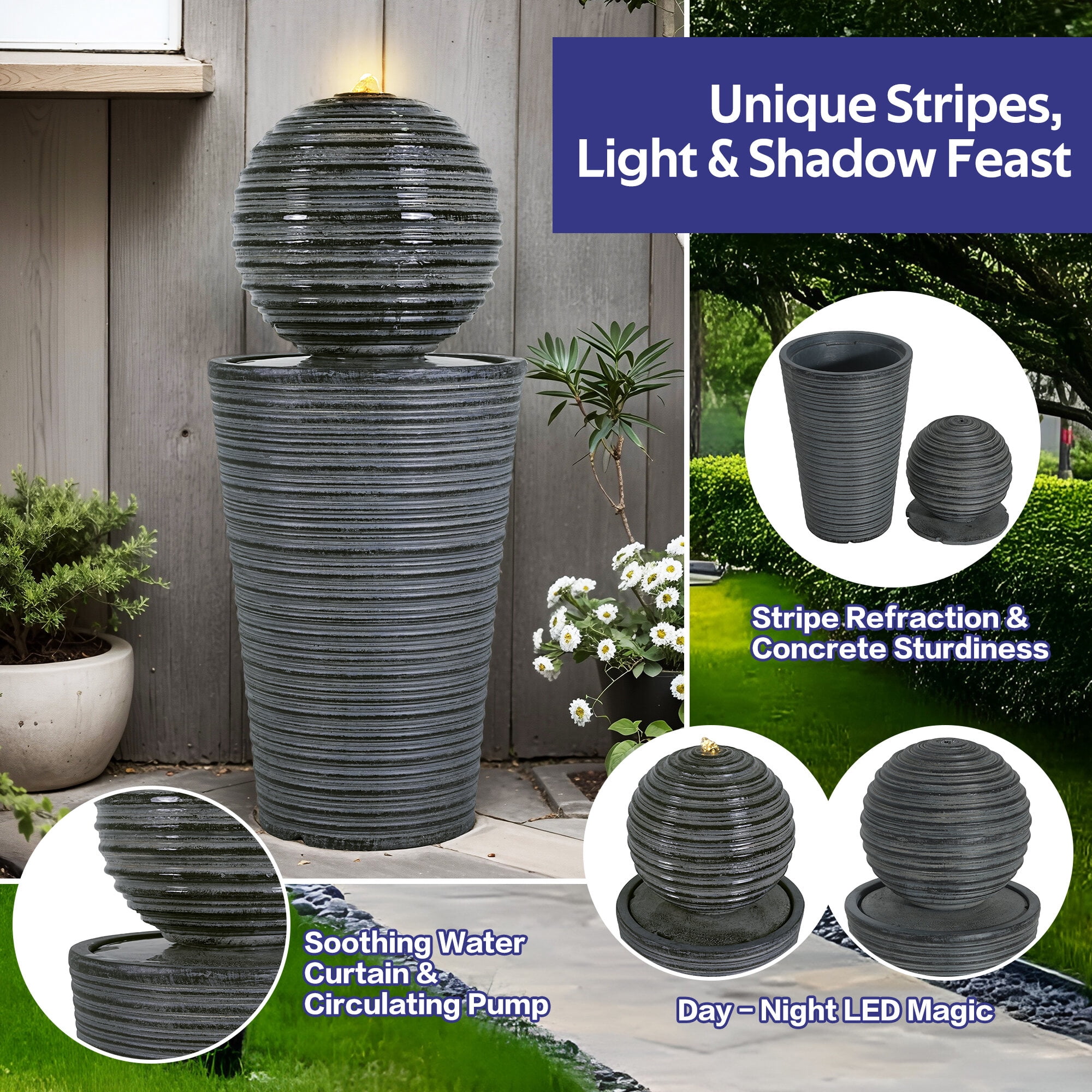 Outdoor Water Fountains 31.5"H Tall Striped Concrete Column Fountain ...