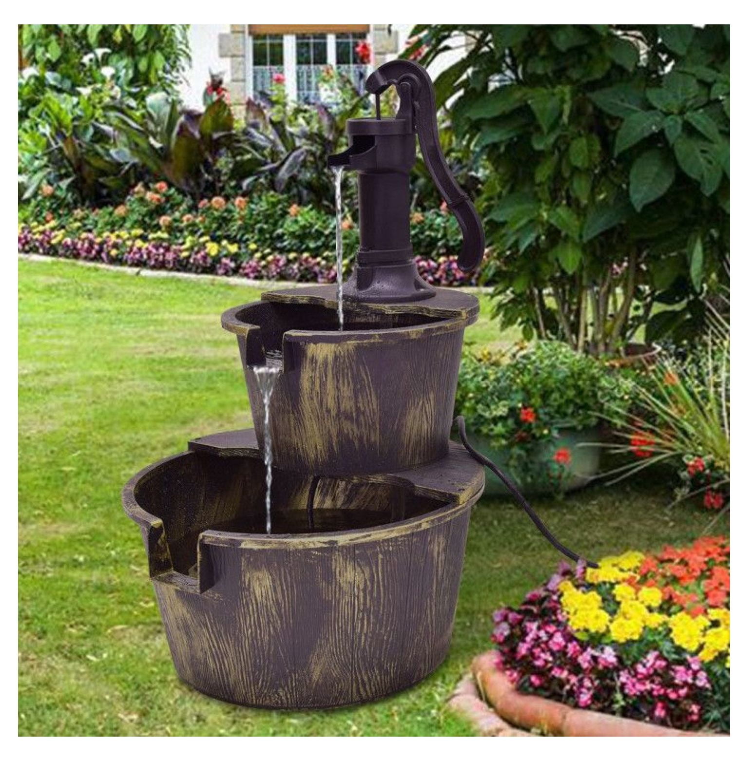 Outdoor Waterfall Fountain, 2-Tier Garden Fountain with Submersible ...