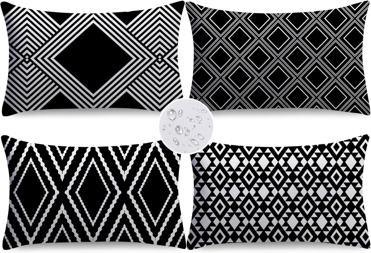 Outdoor Waterproof Pillow Covers 12x20 Set of 4 Black and White ...