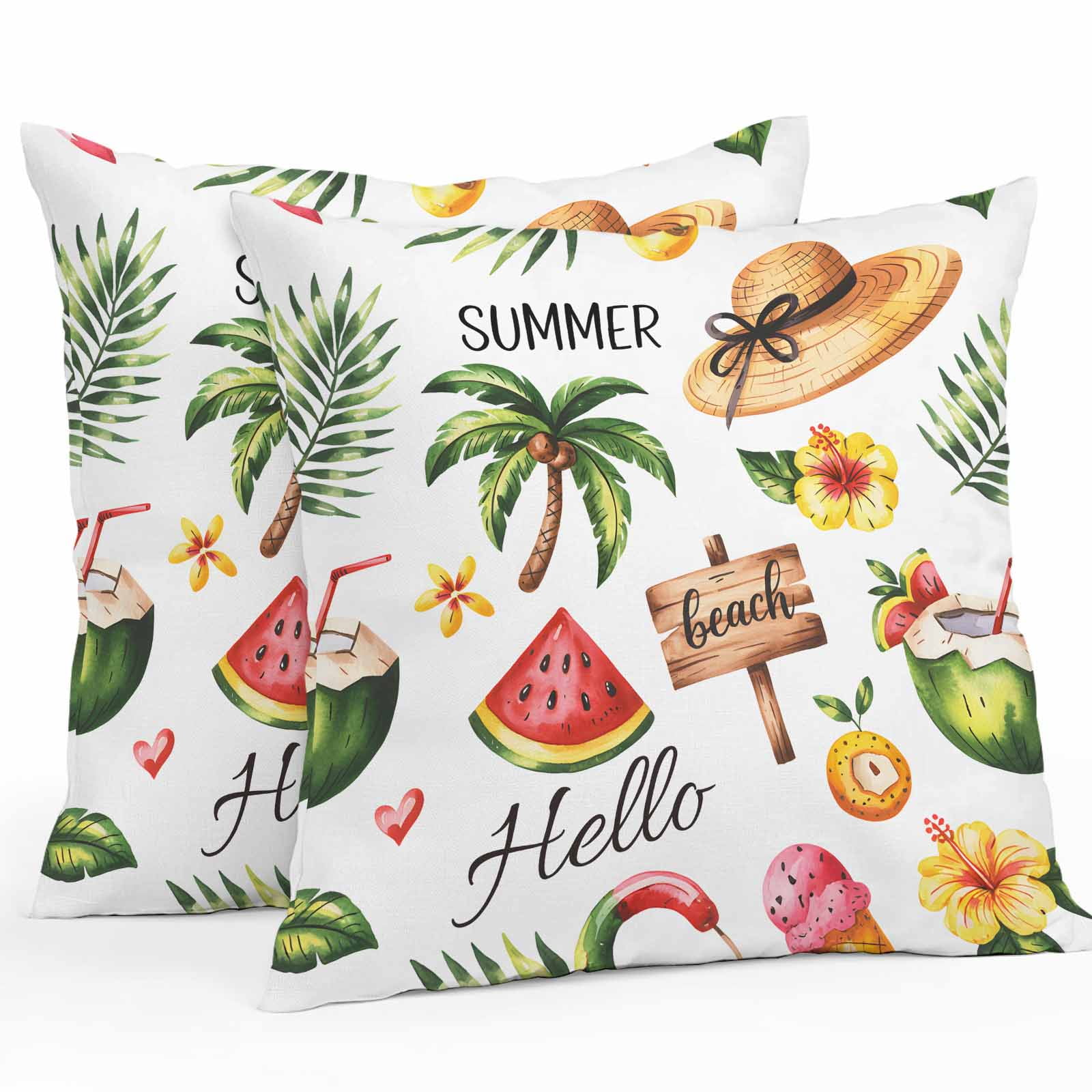 Outdoor Waterproof Pillow Covers Pack of 2, Summer Tropical Plants Straw Hat Watermelon ...
