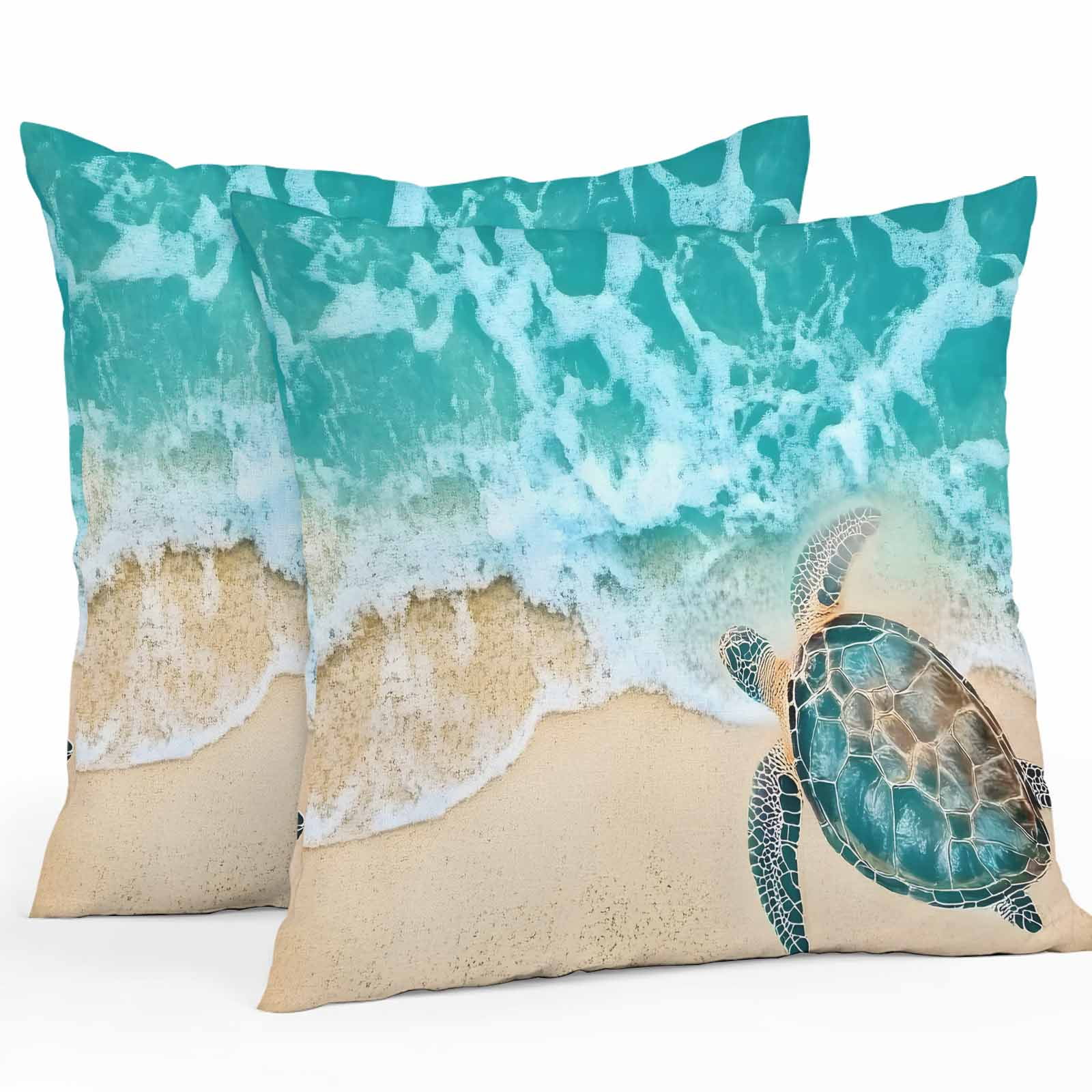 Outdoor Waterproof Pillow Covers Pack of 2, Teal Sea Turtle Beach Ocean ...