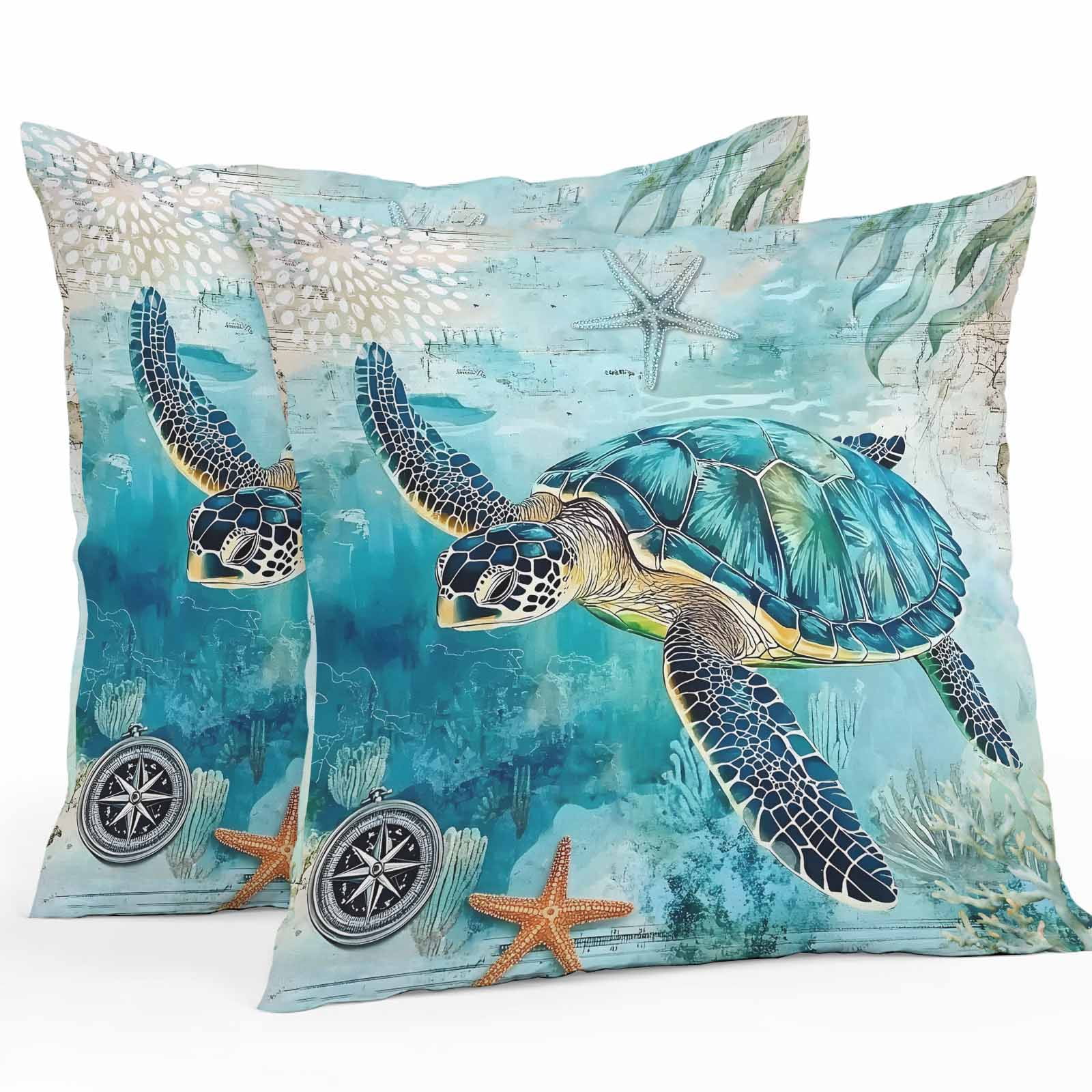 Outdoor Waterproof Pillow Covers Pack of 2, Vintage Teal Sea Turtle ...