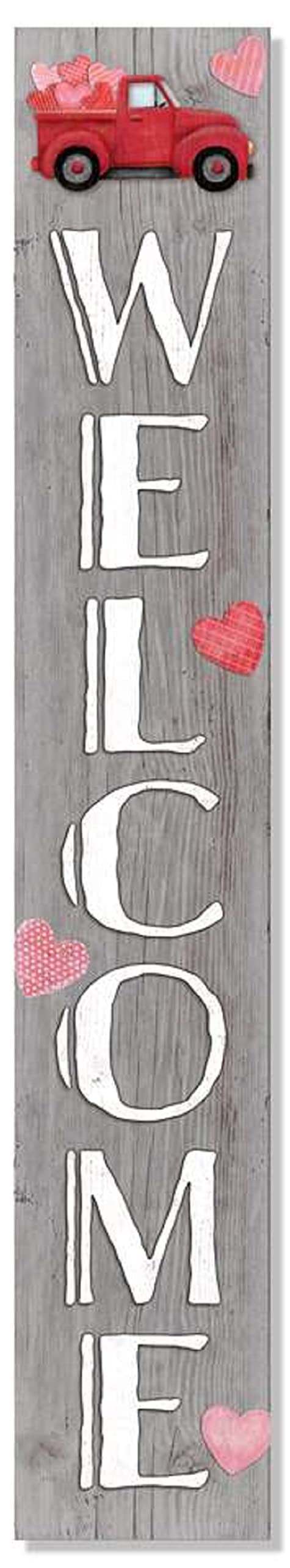 Outdoor Welcome Sign for Porch - Red Hearts/ Red Truck - Vertical Porch ...