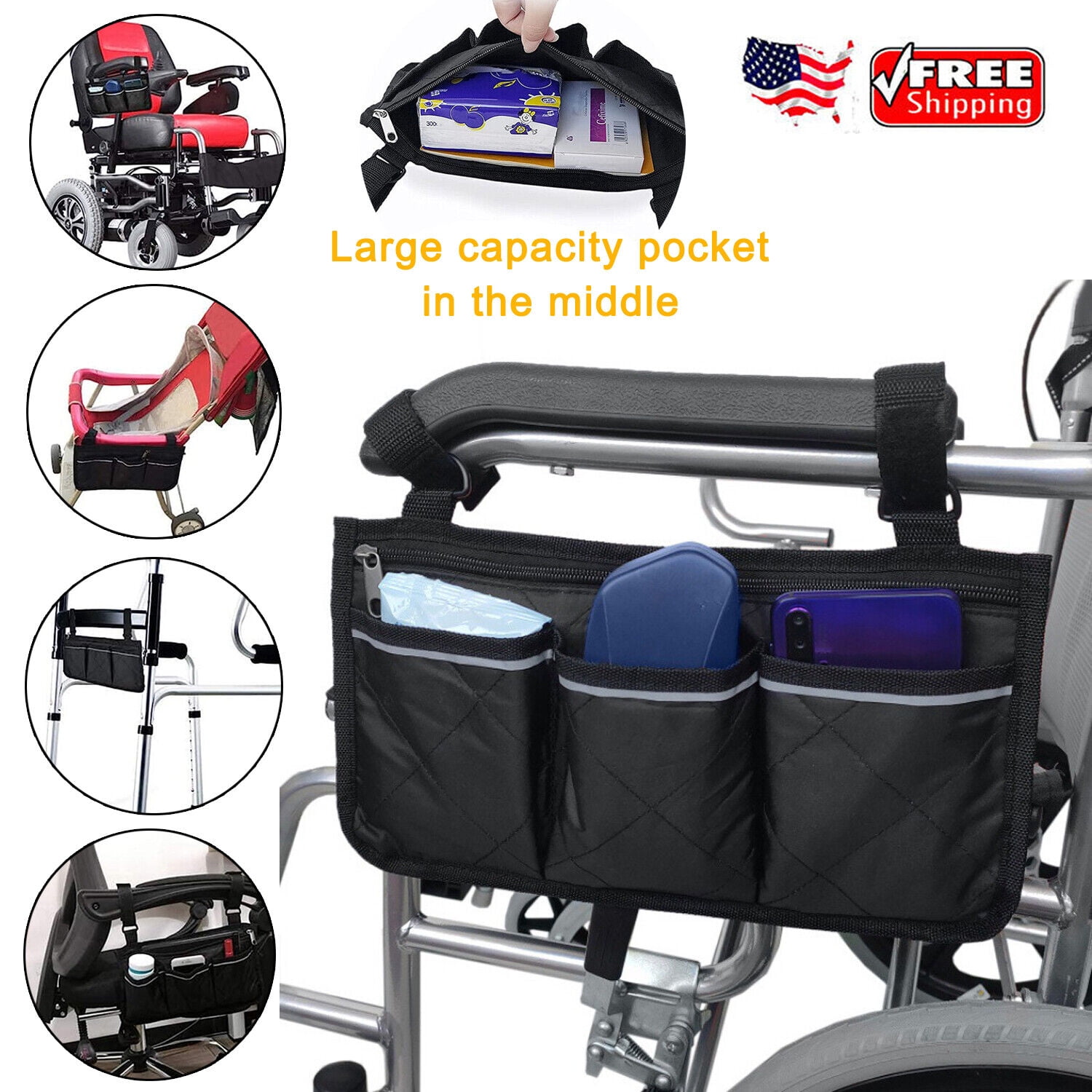 Outdoor Wheelchair Side Pocket Organizer Holder Pouch, Armrest Storage ...