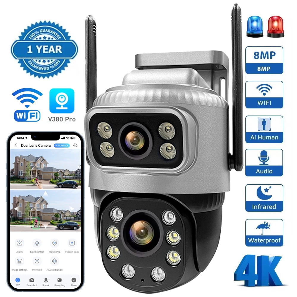 Outdoor WiFi IP Camera 8MP 4K Dual Lens External Wireless PTZ Security Camera Auto Tracking ...