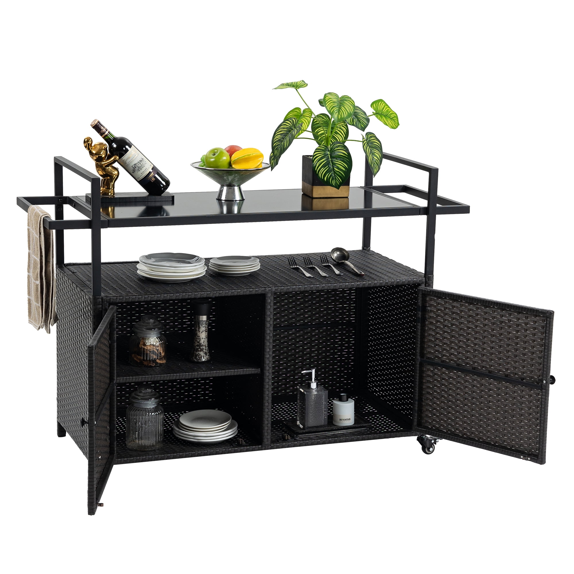 Outdoor Wicker Bar Cart, Patio Wine Serving Cart w/Wheels, Rolling ...