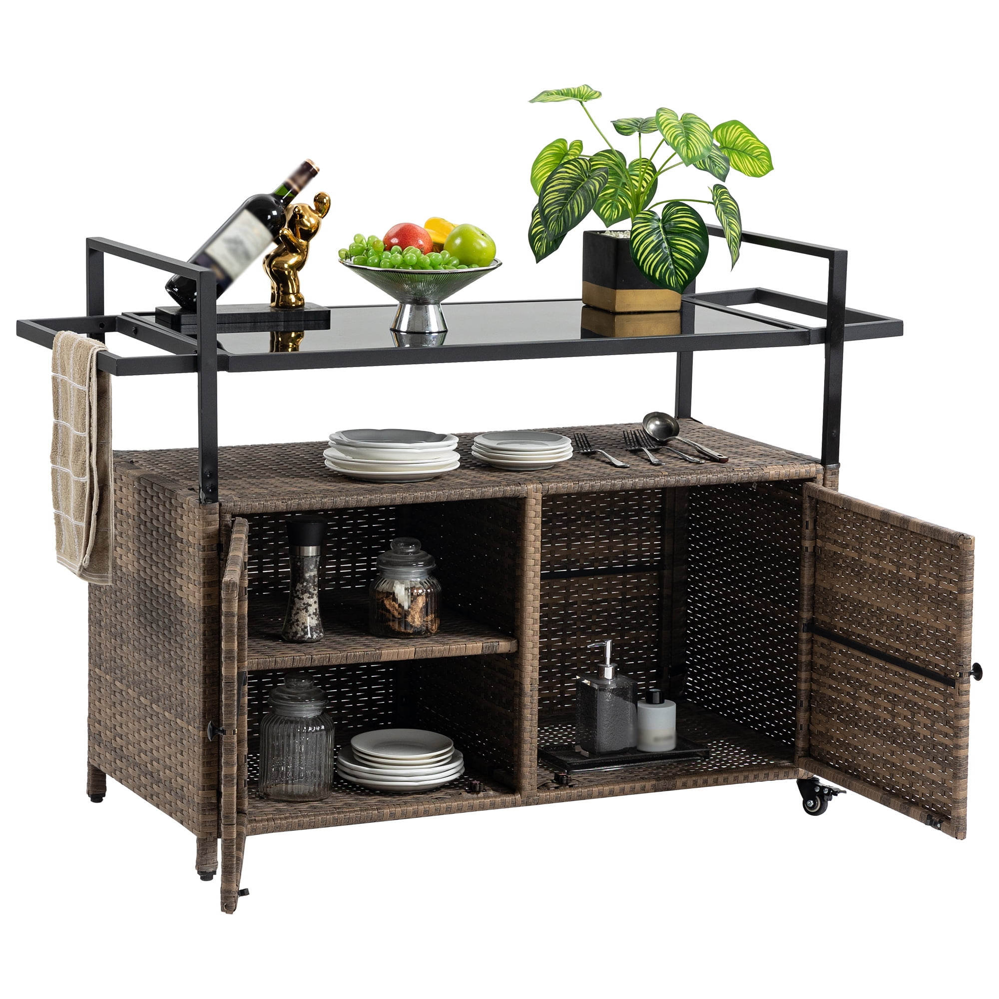 Outdoor Wicker Bar Cart, Patio Wine Serving Cart w/Wheels, Rolling ...