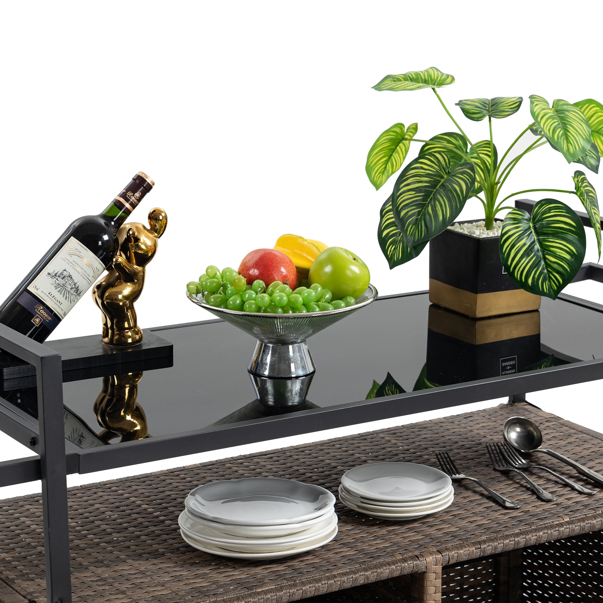 Outdoor Wicker Bar Cart, Patio Wine Serving Cart w/Wheels , Rolling ...