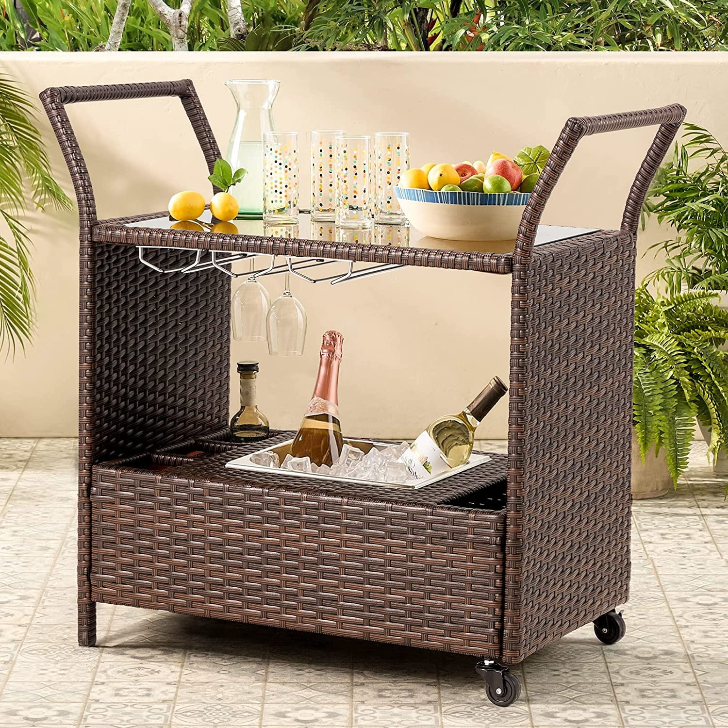 Outdoor Wicker Bar Cart with Wheels, Removable Ice Bucket, Glass Holder ...
