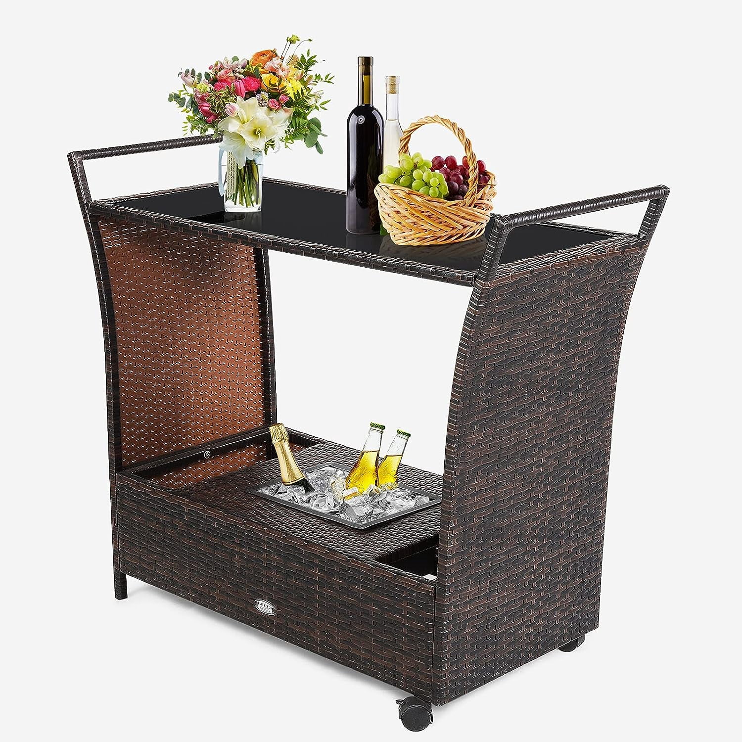 Outdoor Wicker Bar Cart with Removable Ice bucket, Patio Serving ...