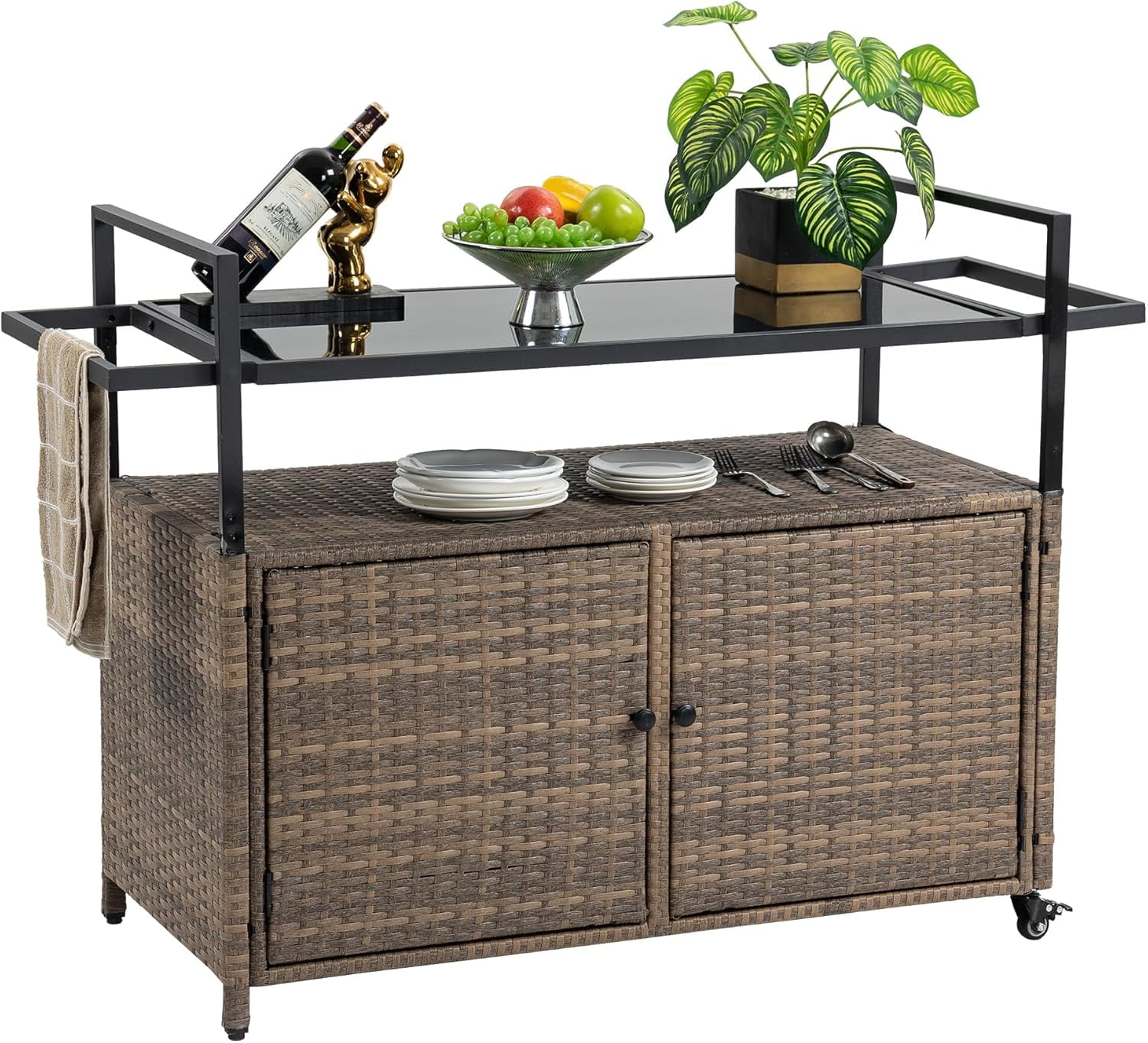 Outdoor Wicker Bar Cart Table with Wheels, Portable Prep Table for ...