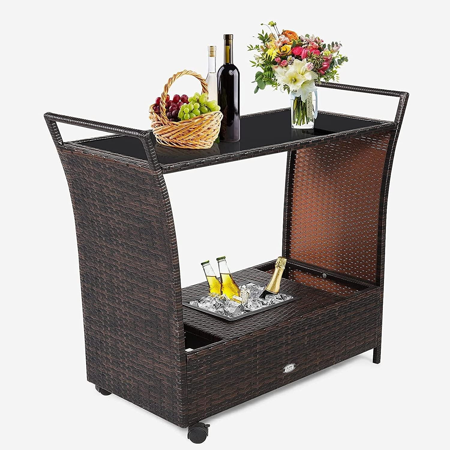 Outdoor Wicker Bar Cart with Wheels & Ice Bucket, Modern Rattan Wine ...