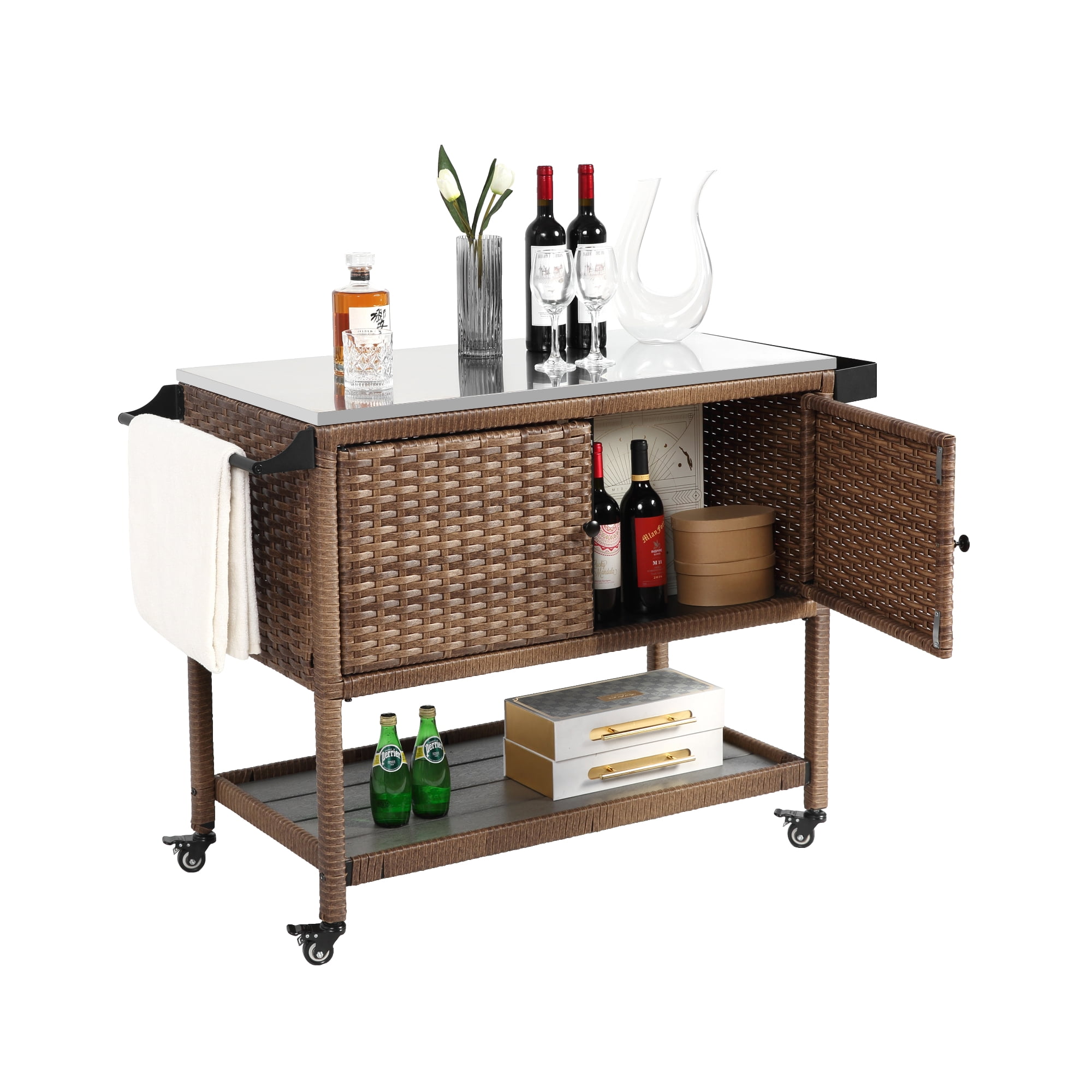 Outdoor Wicker Bar Cart with Glass Top & Wheels - Brown, Rolling ...