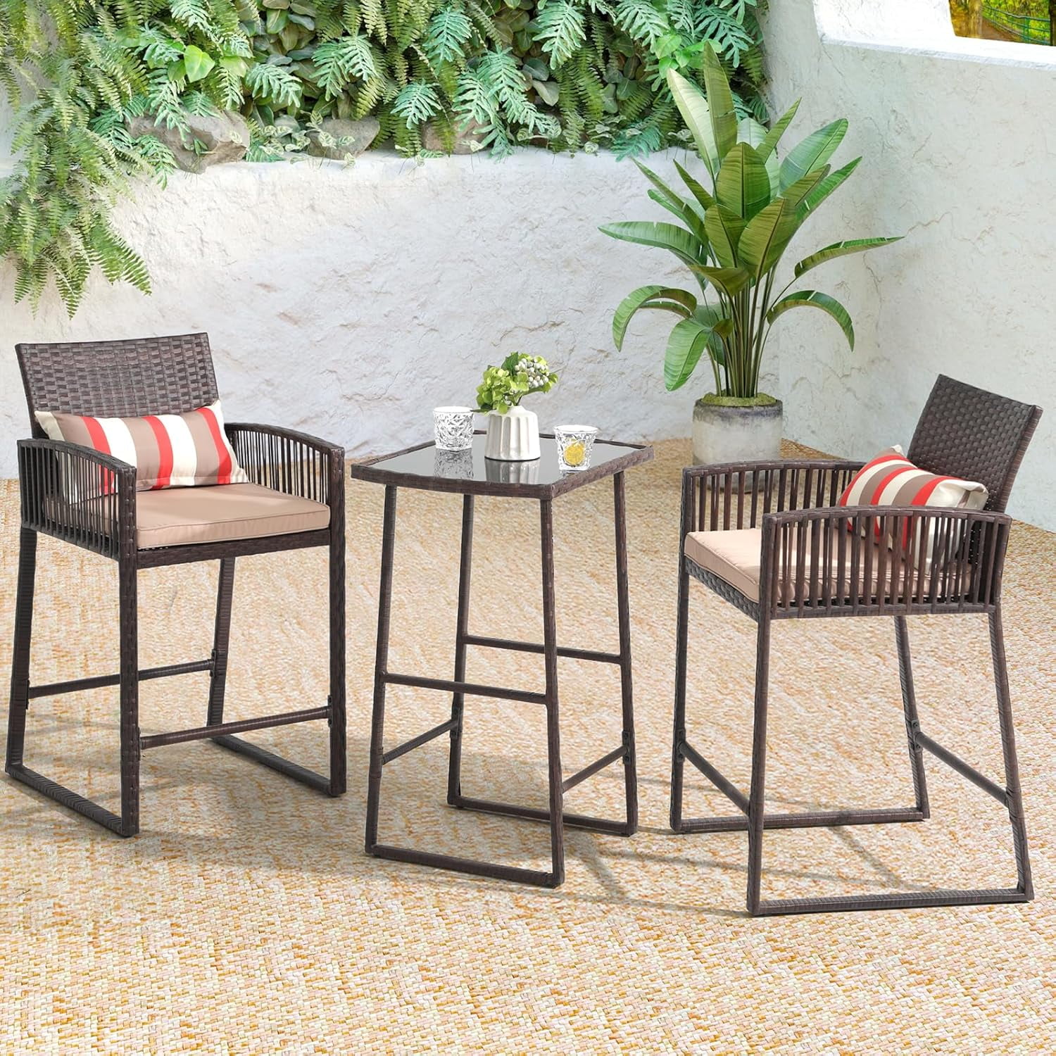 Outdoor Wicker Bar Height Table Set, 2 Bar Stools and 1 Pub Table with ...