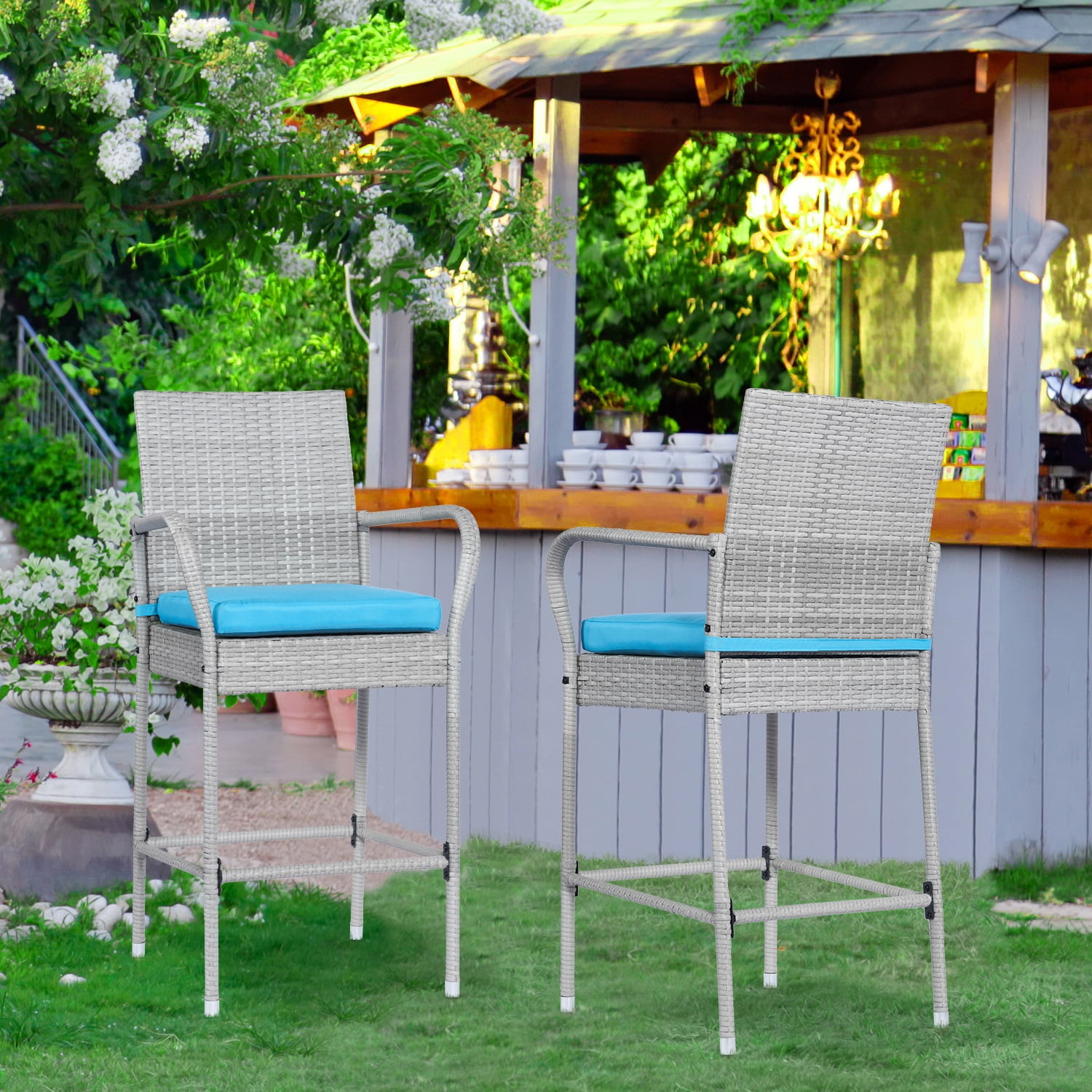 Outdoor High Bar Stools Set of 2, Wicker Patio Chairs with Armrest ...