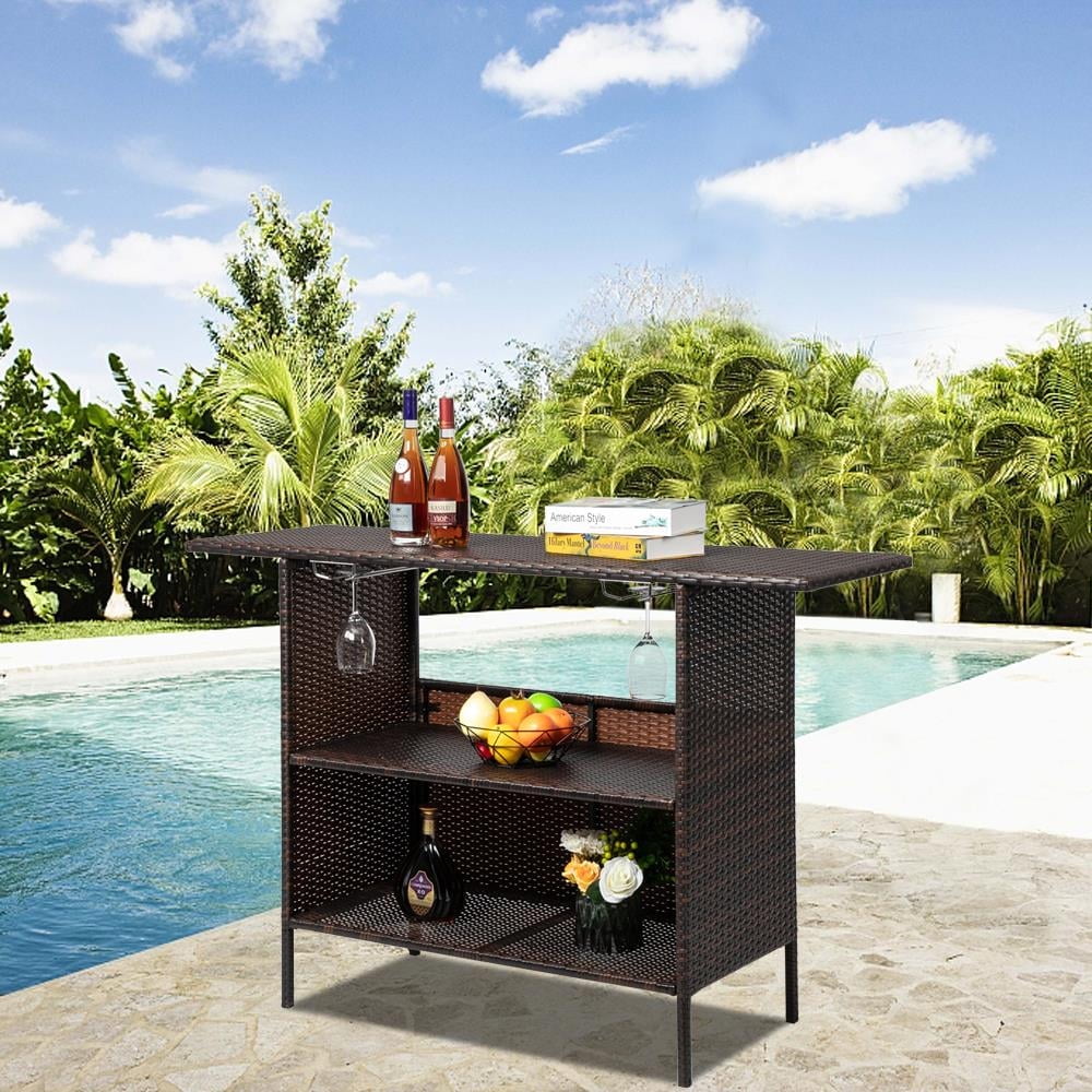 Outdoor Wicker Bar Table with 2 Storage Shelves for Beverage - Wicker ...