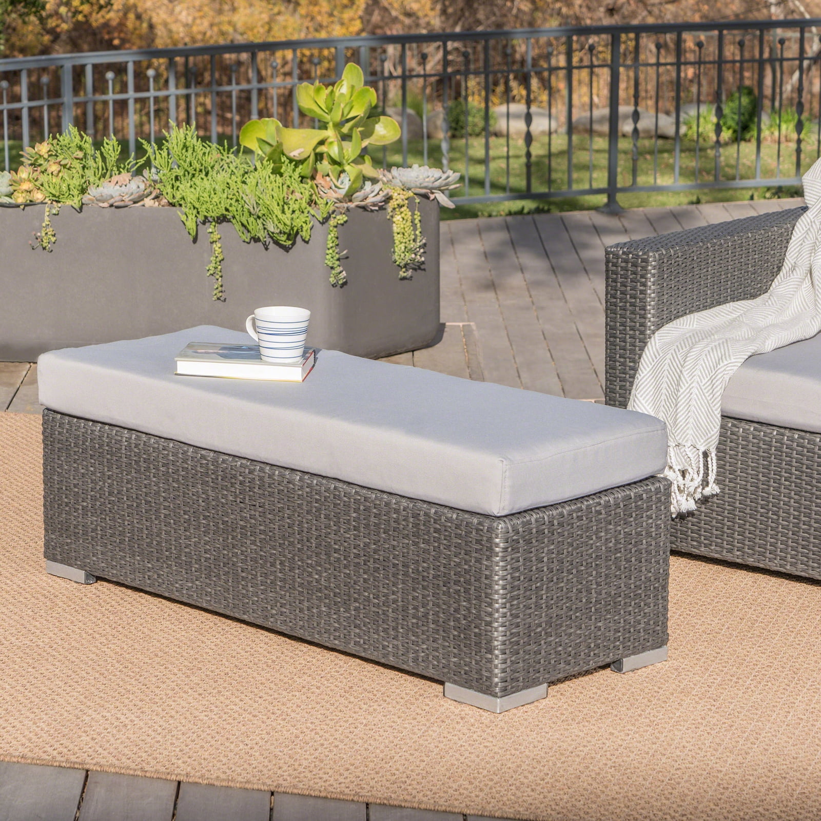 Outdoor Wicker Bench, Poolside Storage Bench With Foam-filled Cushion ...