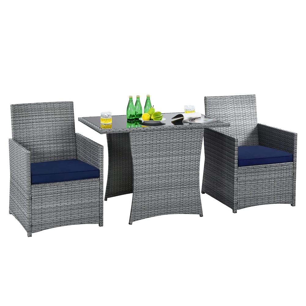 Outdoor Wicker Bistro Set, Space-saving Rattan Dining Table Set with Cushioned Chairs, Patio ...