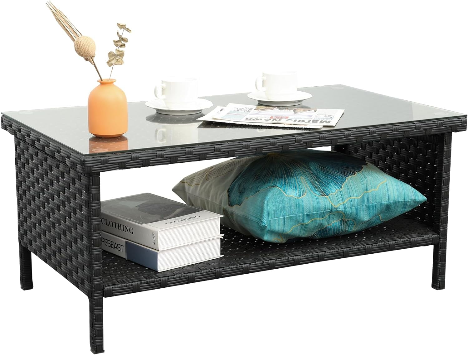 Outdoor Wicker Coffee Table Patio Furniture Garden Rattan 2-Layer Glass Table,Black - Walmart.com
