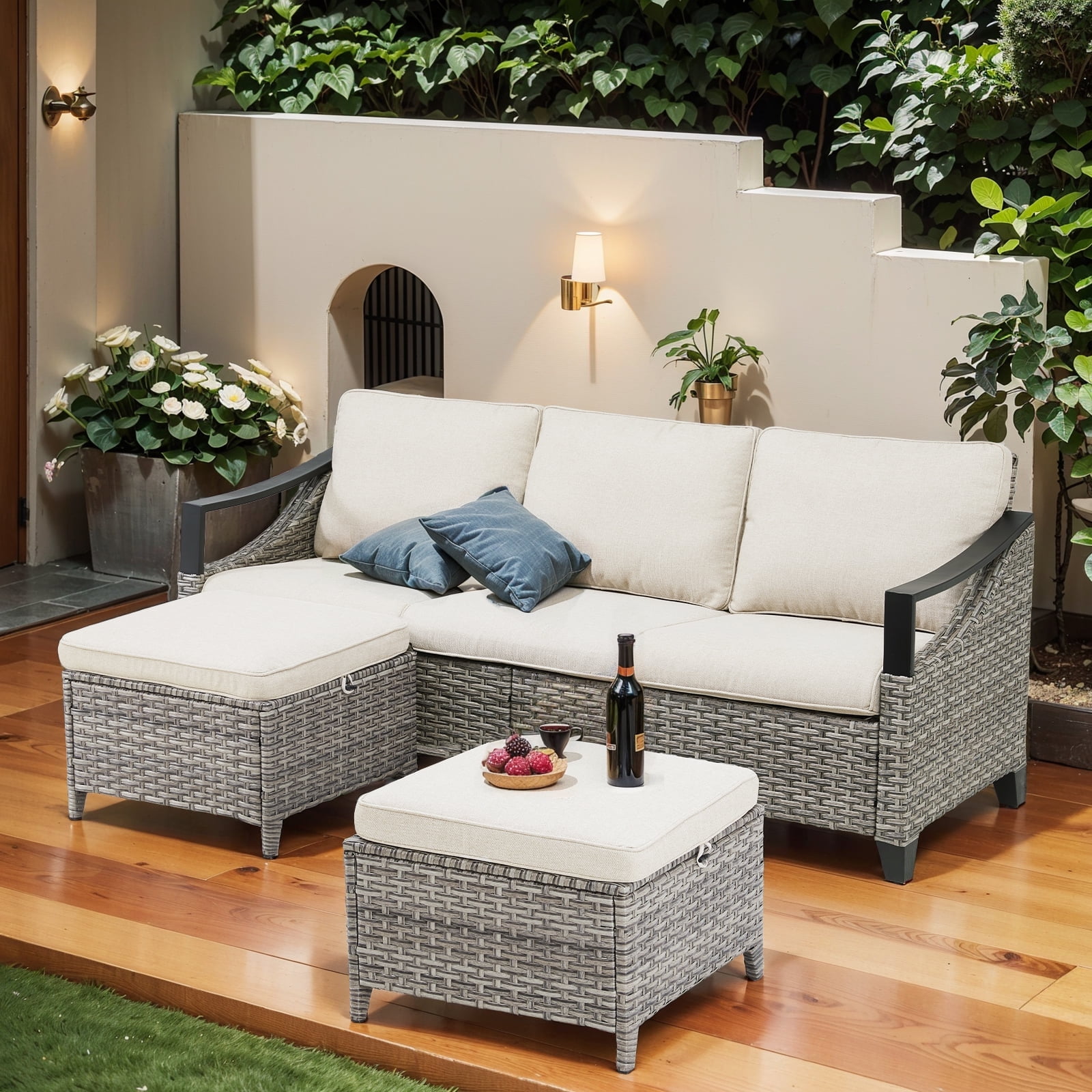 Outdoor Wicker Couch and Ottomans Set - Heavy Duty Outside PE Rattan ...