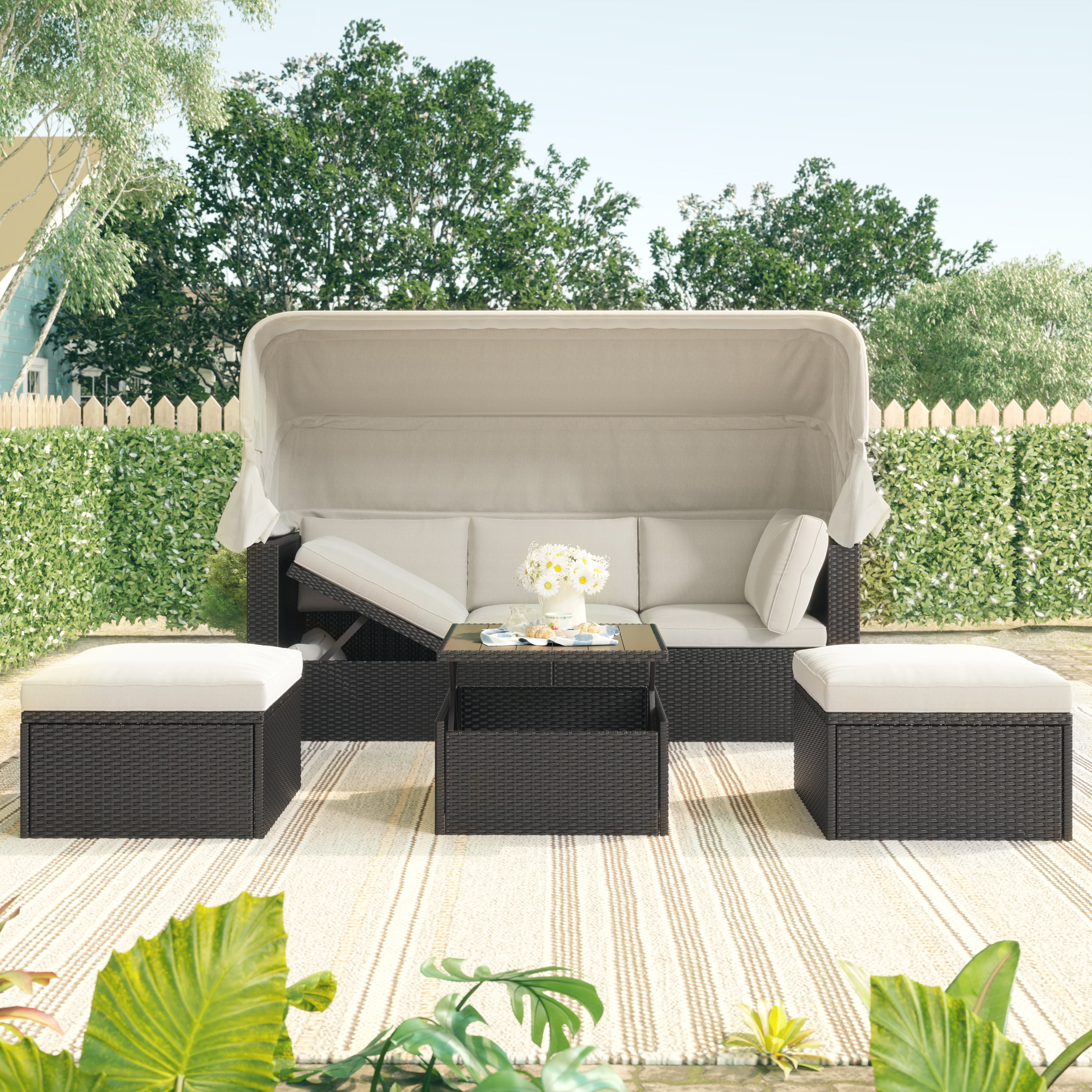 Outdoor Wicker Daybed Set with Canopy, 4-Piece Rattan Furniture Set for ...