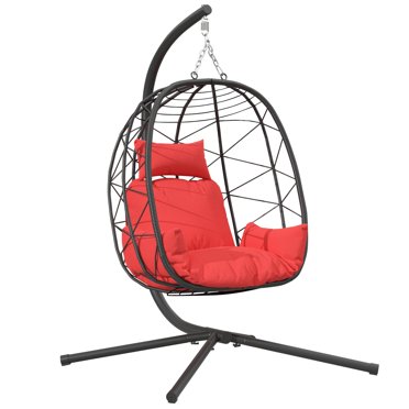 NICESOUL Outdoor Rattan Double Hanging Swing Egg Chair with Stand Cream ...