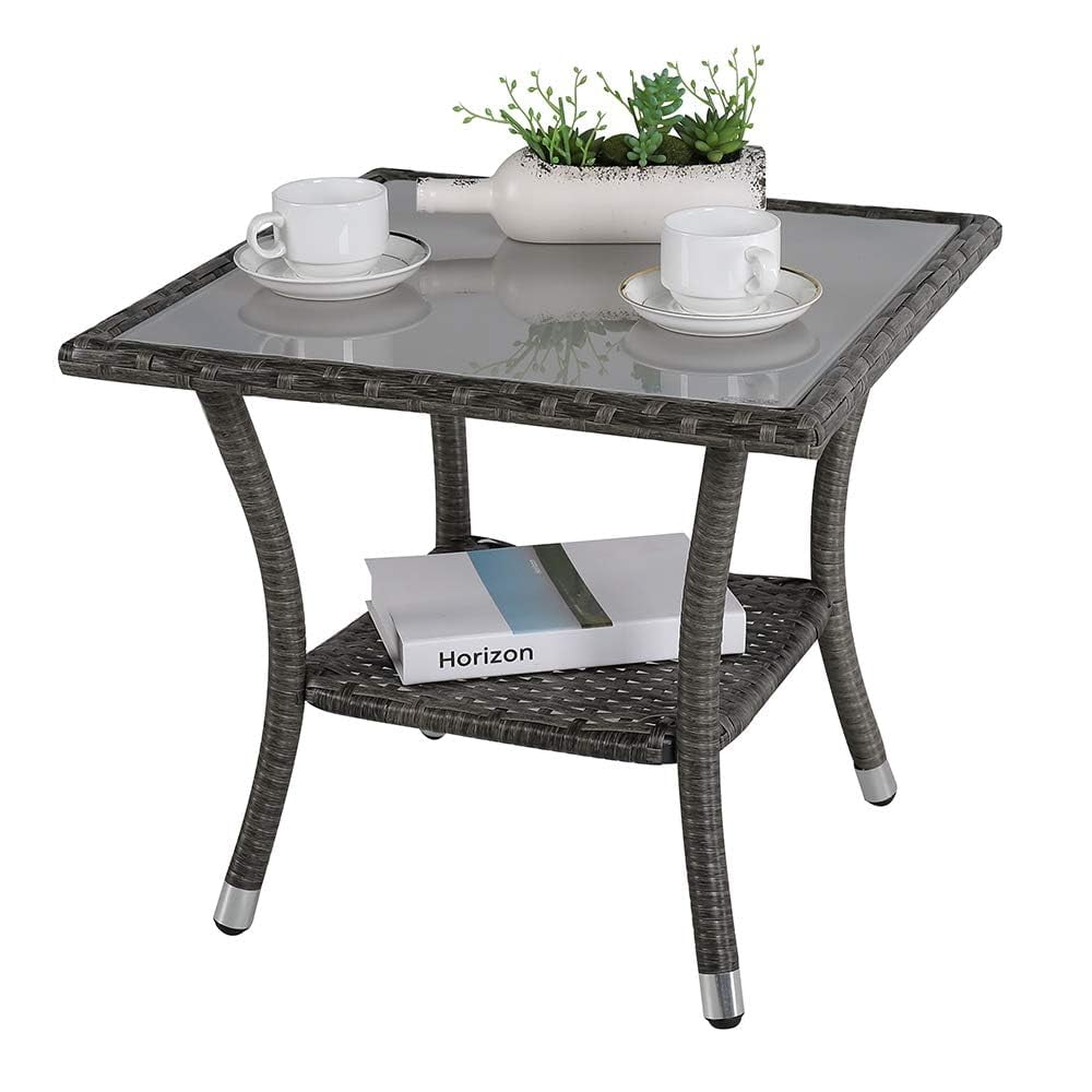 Outdoor Wicker End Table, Patio Rattan Side Table, Square Glass Top ...