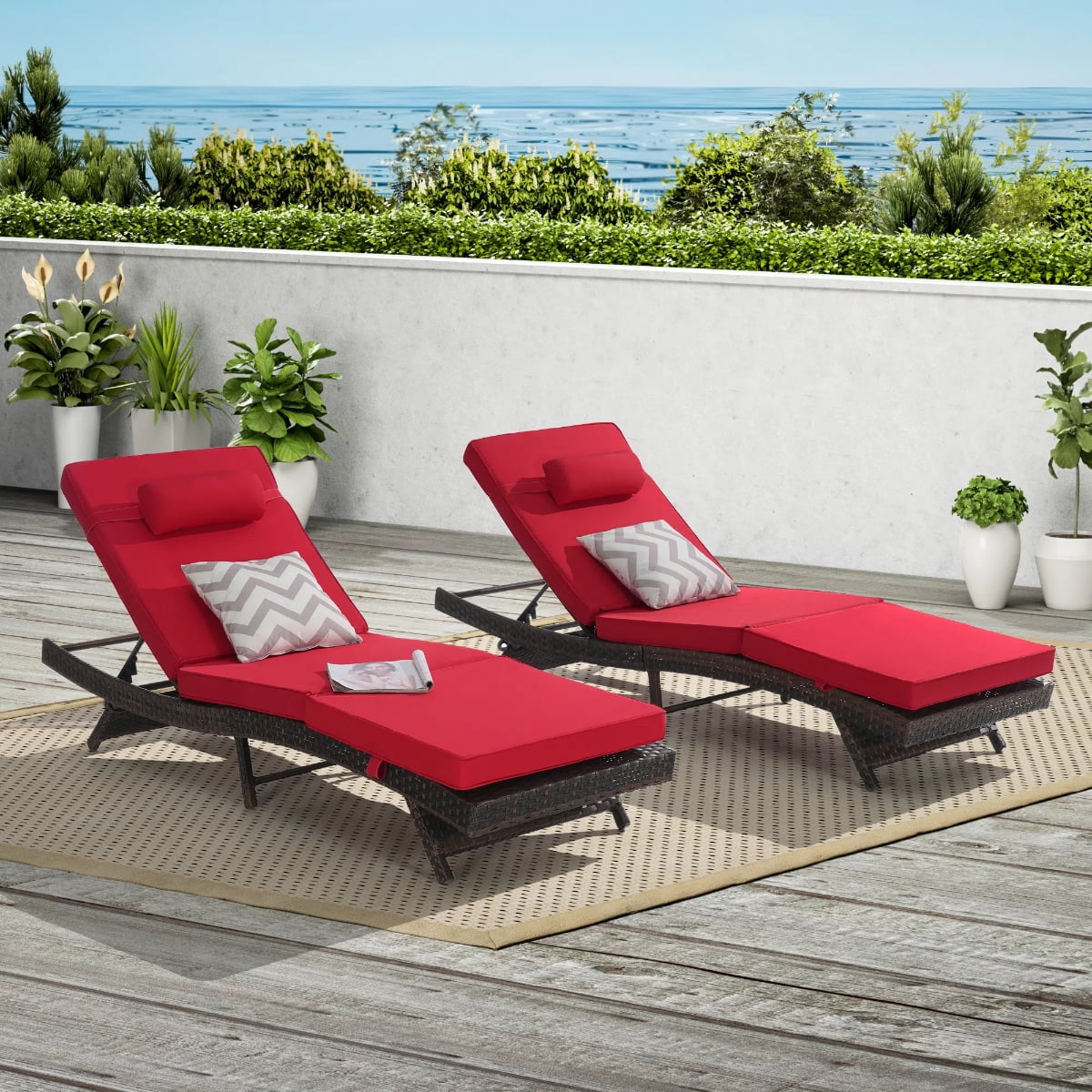 Outdoor Wicker Long Reclining Chair Set of 2 , Wicker Reclining Lounge ...