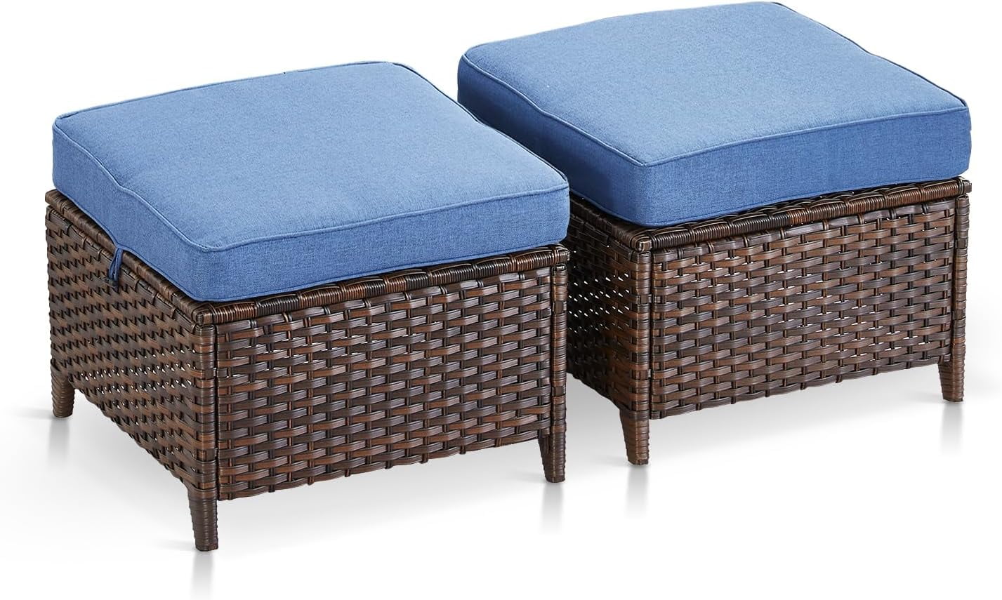Outdoor Wicker Ottomans Rattan Footstools - Set of 2 Heavy Duty Outside ...