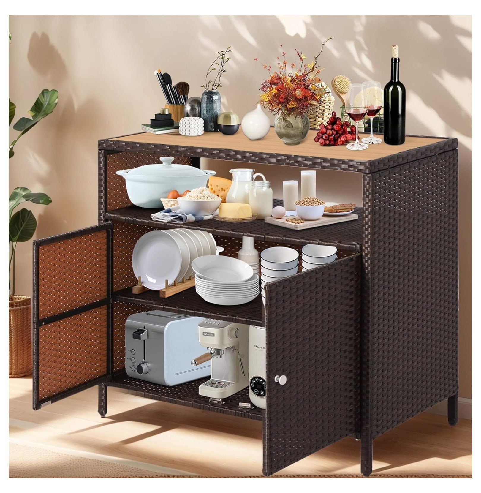 Outdoor Wicker Patio Bar Cabinet - Outside Pool Bar Pub Table Organizer ...