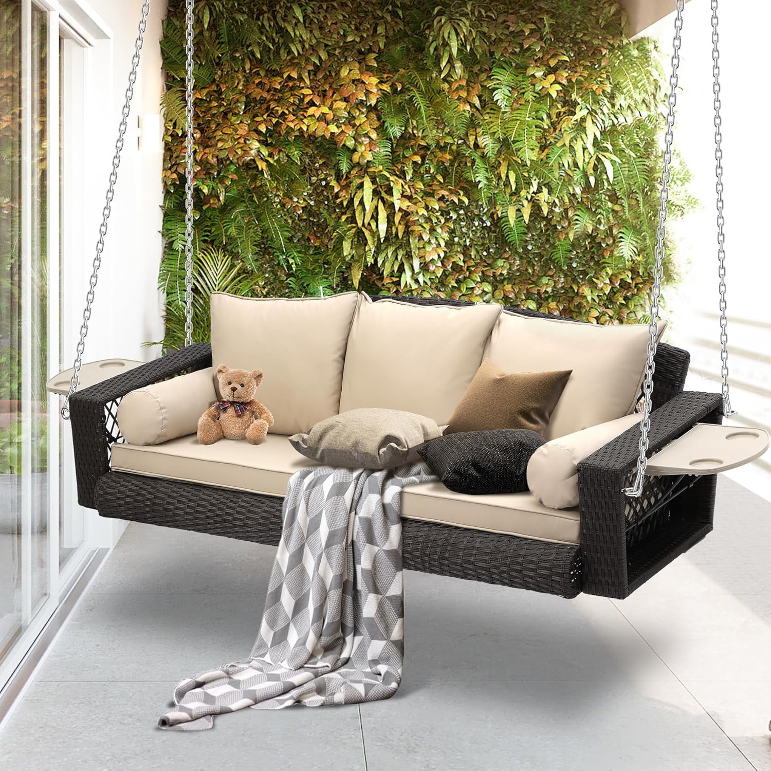 Outdoor Wicker Patio Porch Swing - 3 Person Swing Outdoor Hanging Porch Swing Seat Bench with ...