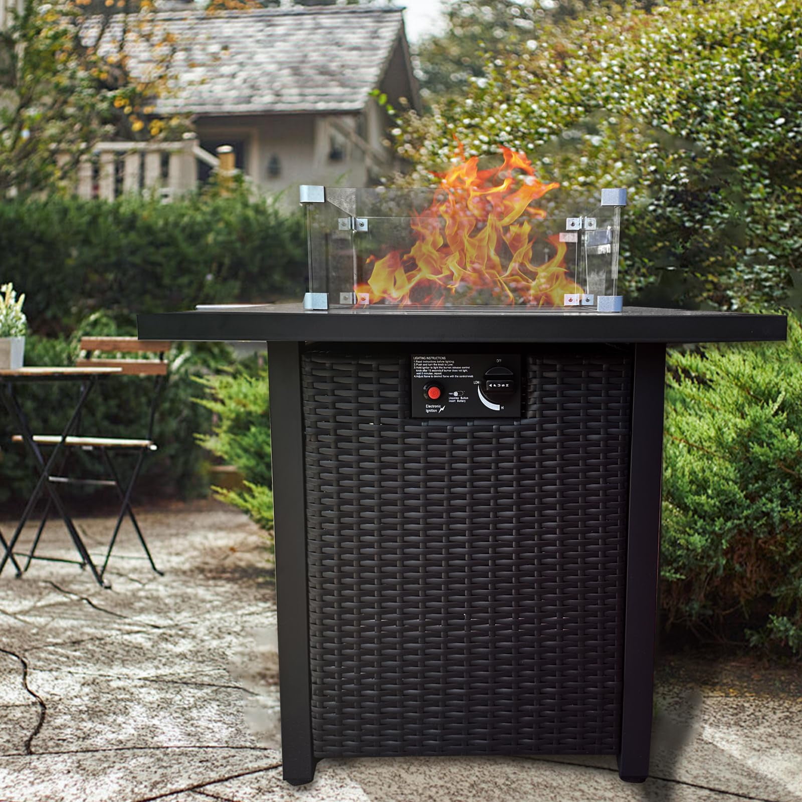 Outdoor Wicker Rattan Fire Pit, Propane Fire Pit Table with Glass Wind ...