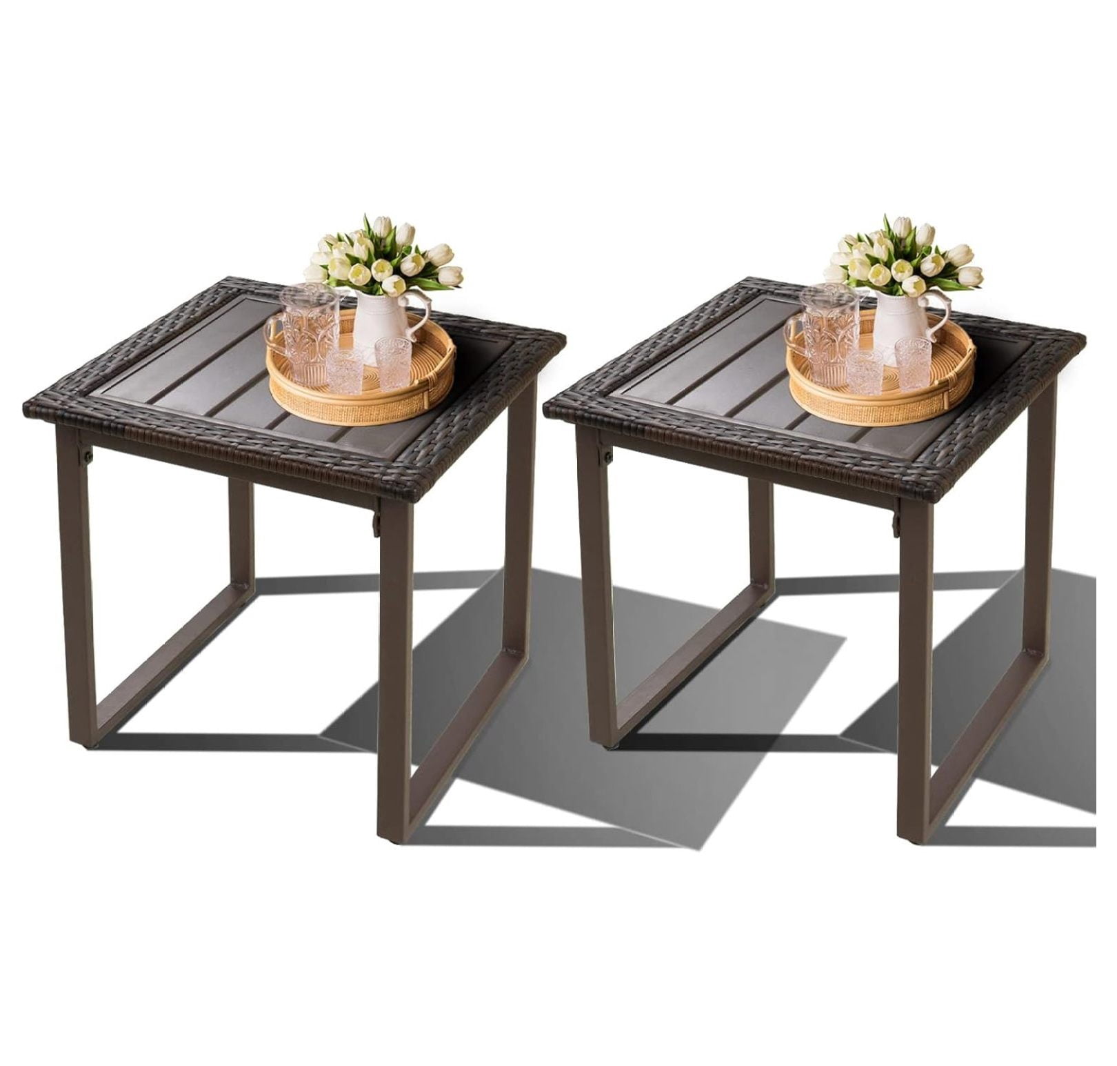 Outdoor Wicker Rattan Side End Tables for Patio Set of 2, 2 PCS Square ...