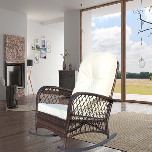 Outdoor Wicker Rocking Chair with Wide Seat and Thick Soft Cushion ...