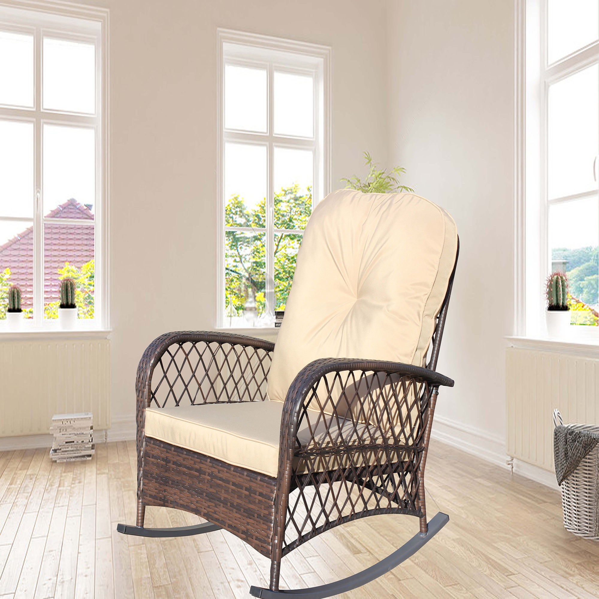 Outdoor Wicker Rocking Chair With Thick Cushion And Wide Seat ...