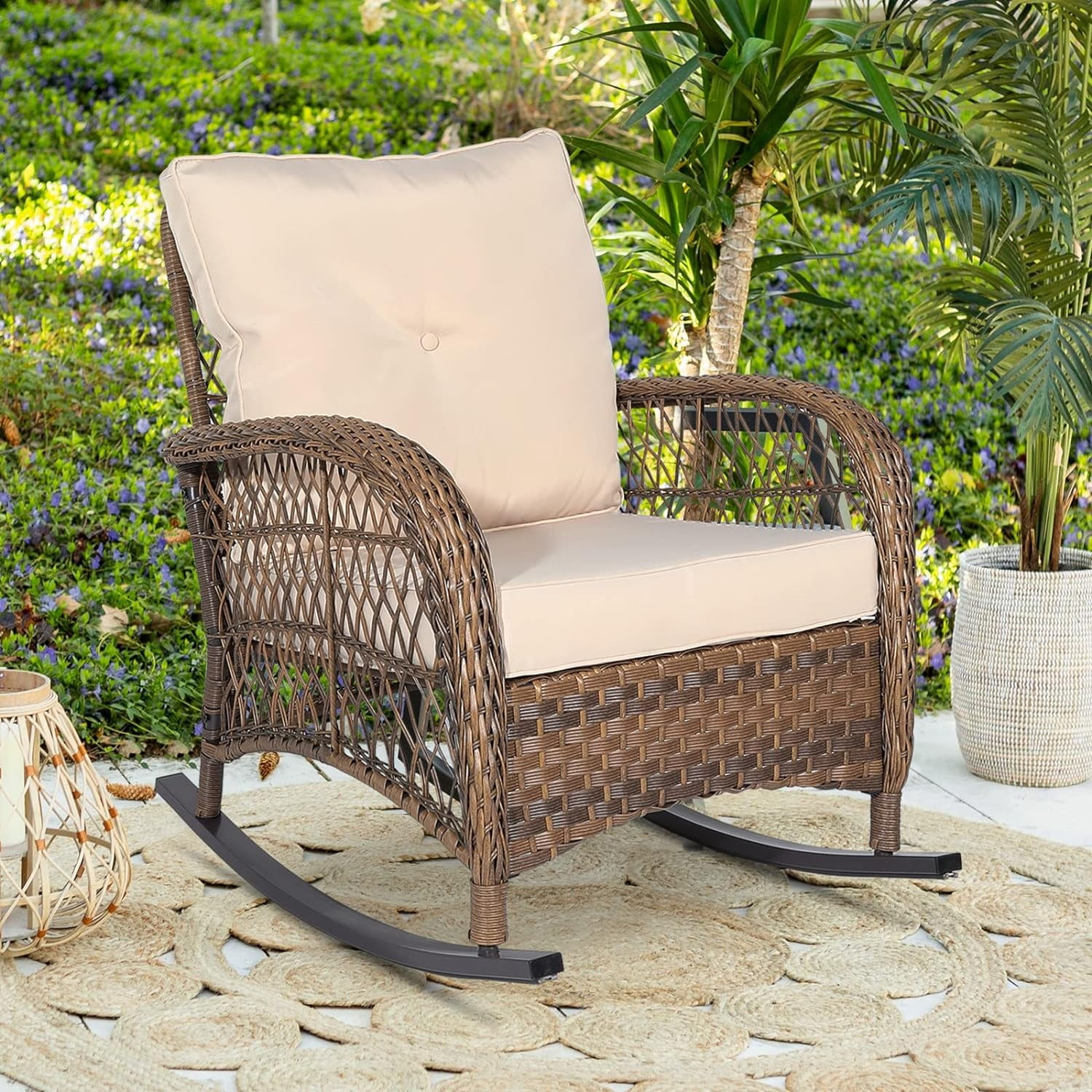 Outdoor Wicker Rocking Chair with Thickened Cushions, All-Weather ...