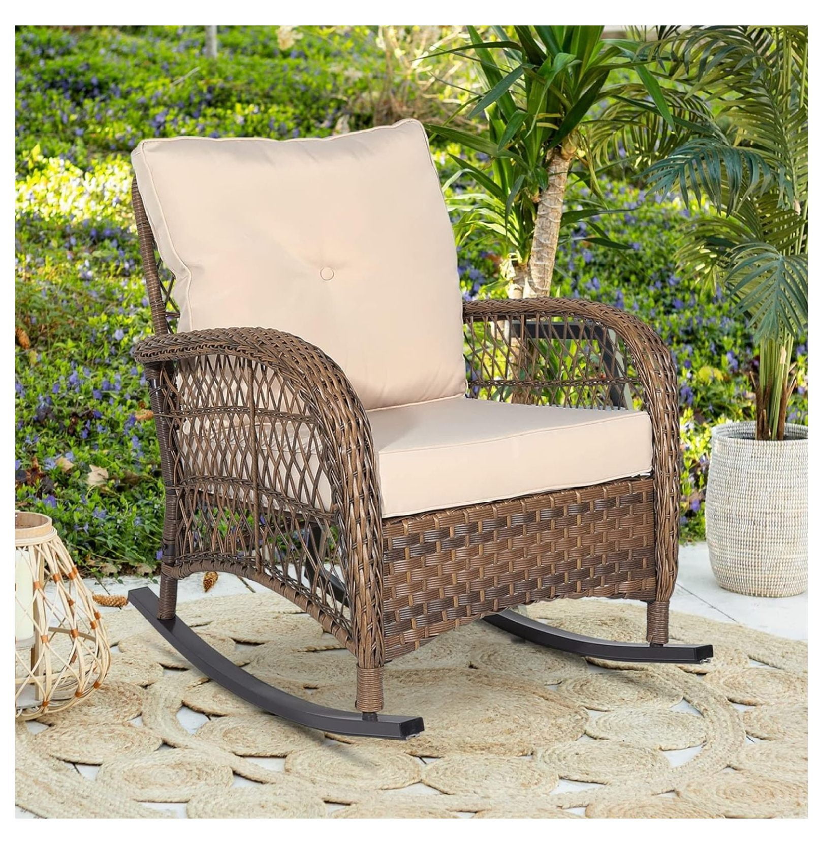 Outdoor Wicker Rocking Chair with Thickened Cushions, All-Weather ...