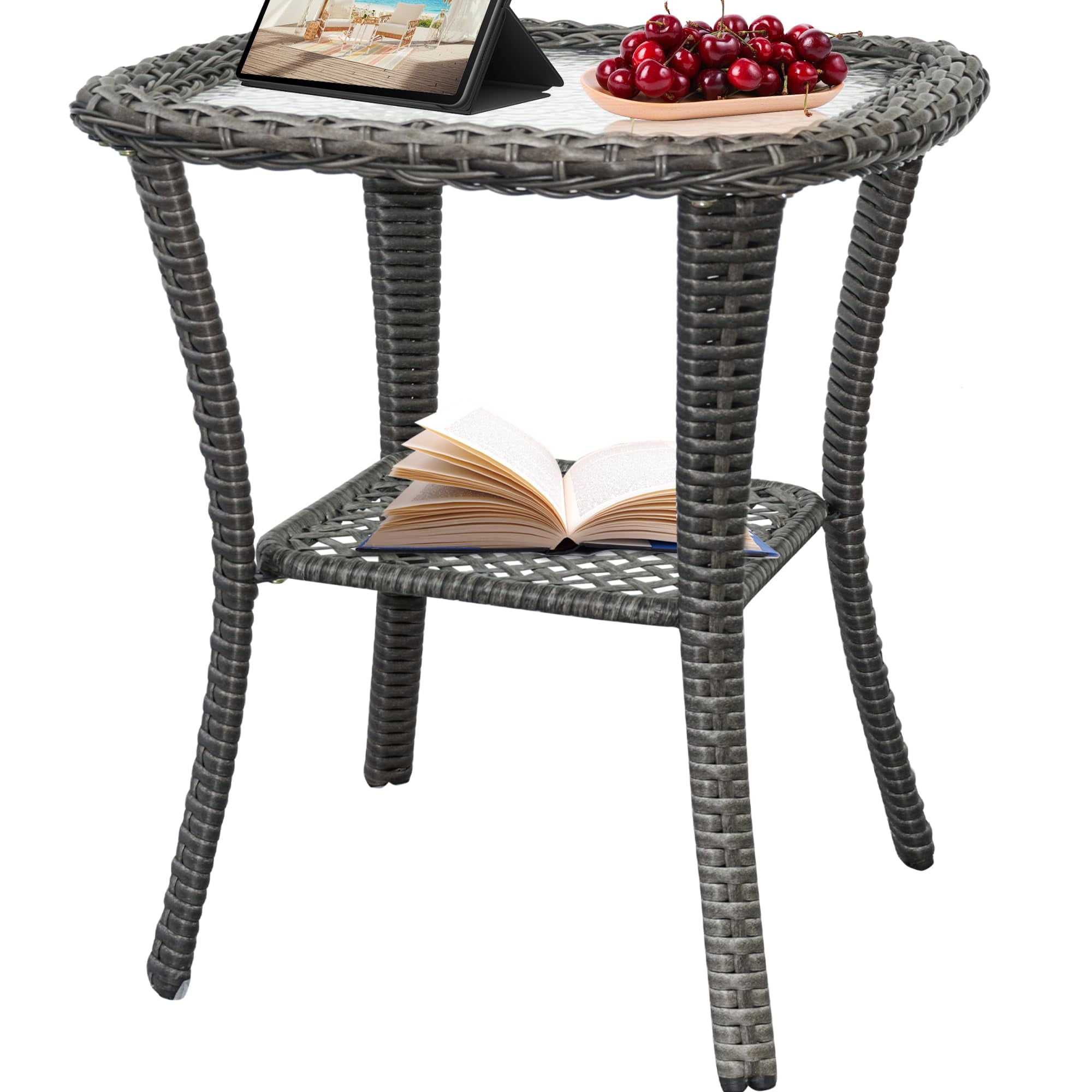 Outdoor Wicker Side Table,Double Rectangular Wicker Patio Table with ...