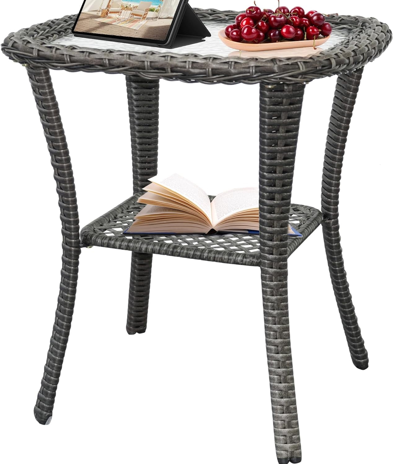 Outdoor Wicker Side Table,Double Rectangular Wicker Patio Table with ...