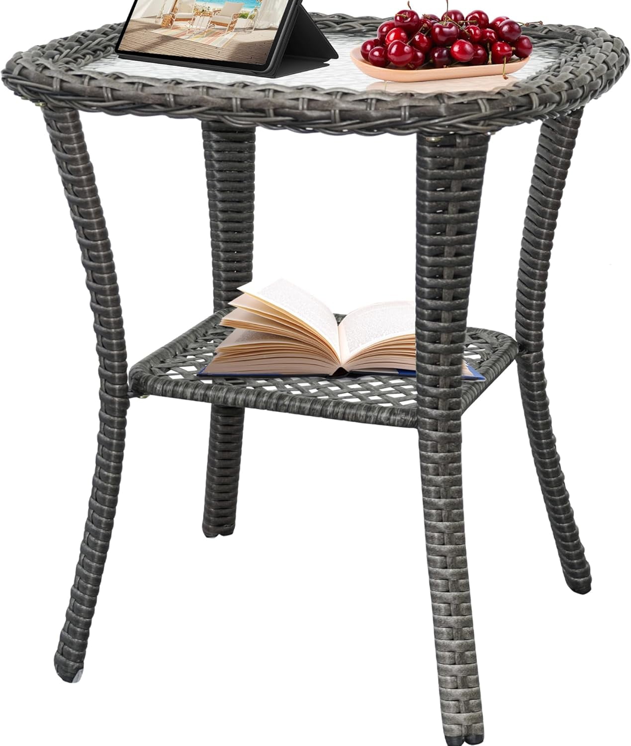 Outdoor Wicker Side Table,Double Rectangular Wicker Patio Table with ...