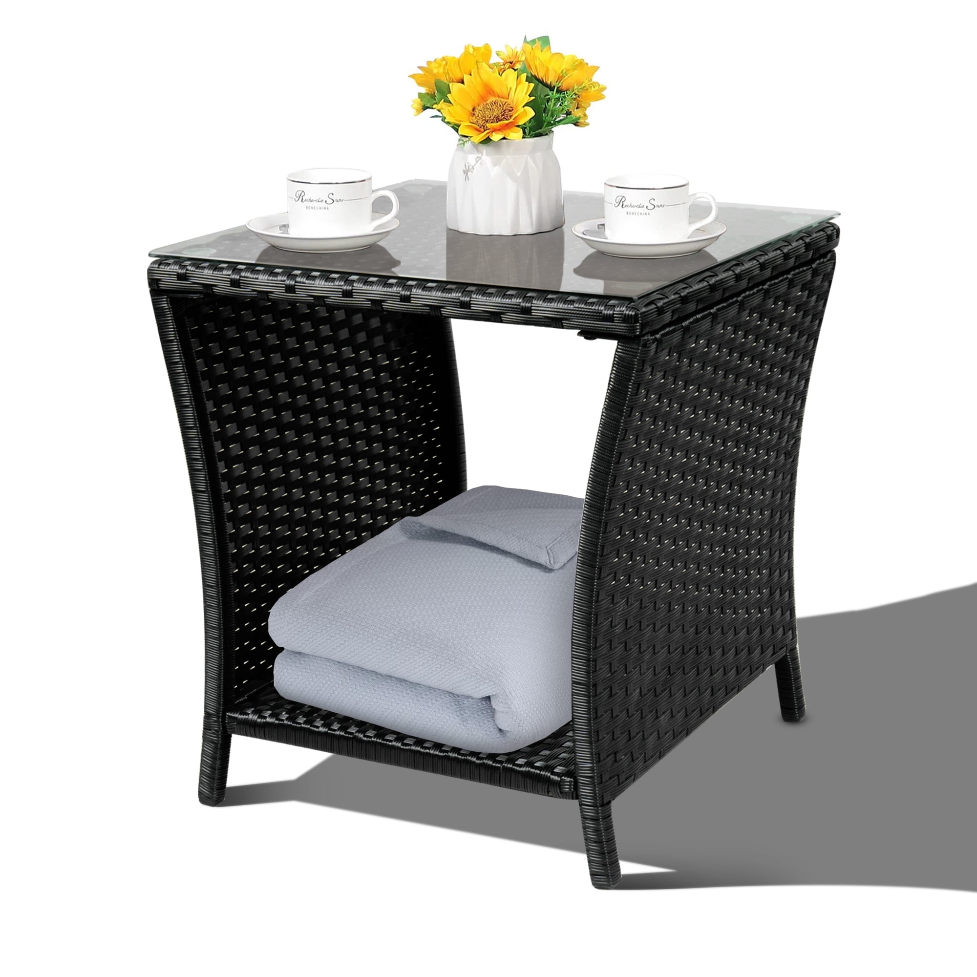 Outdoor Wicker Side Table Tempered Glass Top Patio Side Tables for ...