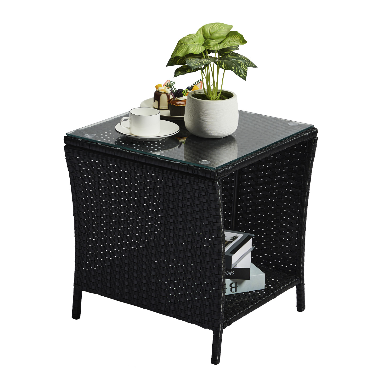 Outdoor Wicker Side Table with Tempered Glass Top, Square Rattan Coffee ...