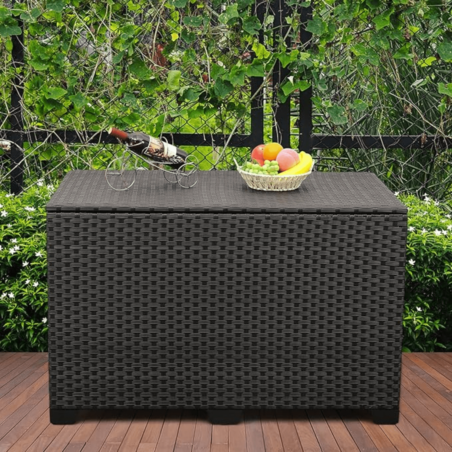 Outdoor Wicker Storage Box, Big Size,Resin Black Rattan Deck Bin with ...